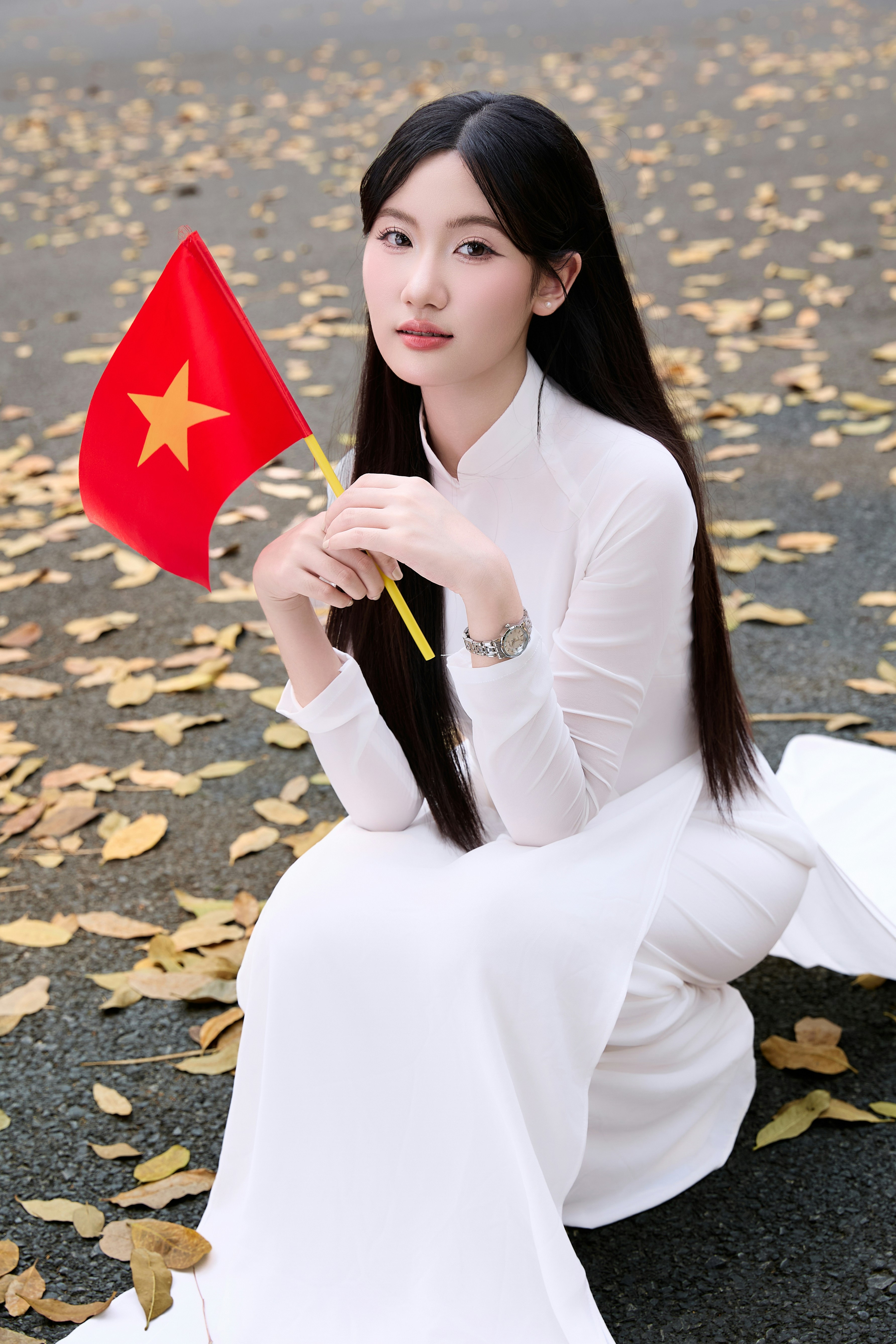Portrait in White: Vietnamese Flag and Autumn Veil