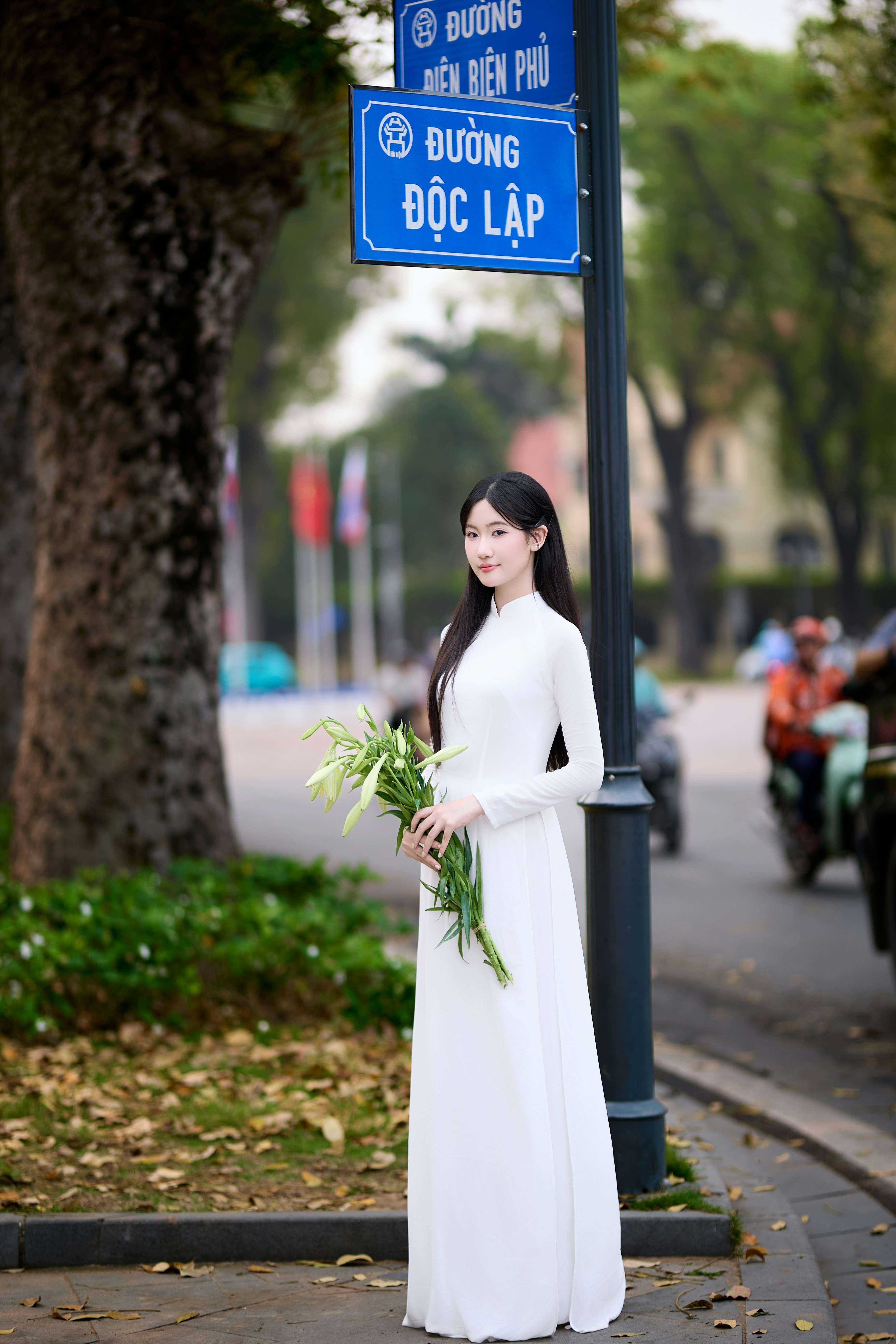 Silhouette of Serenity: The White Áo Dài by the Lantern Post