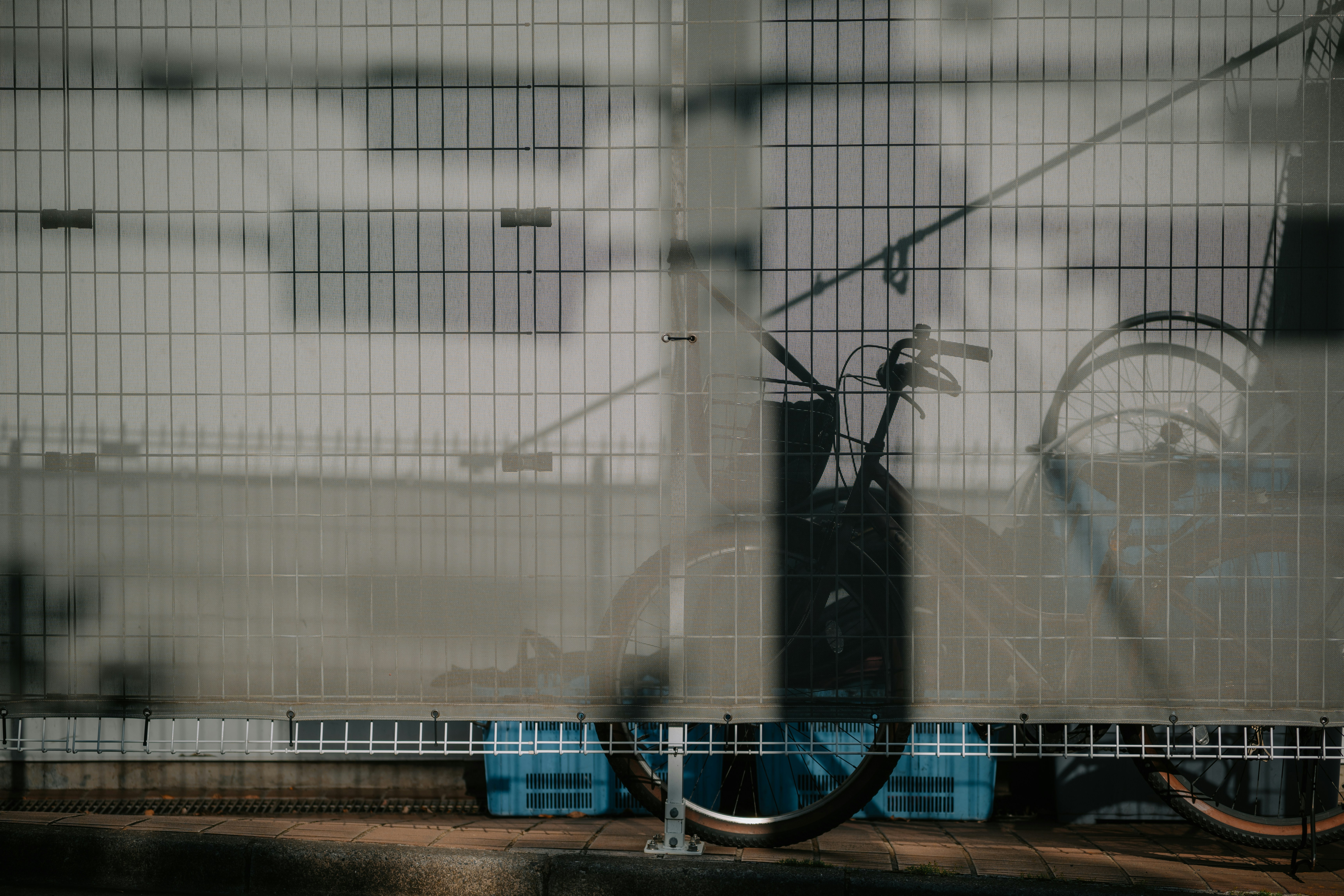 Muted Bicycles Behind a Chain-Link Veil
