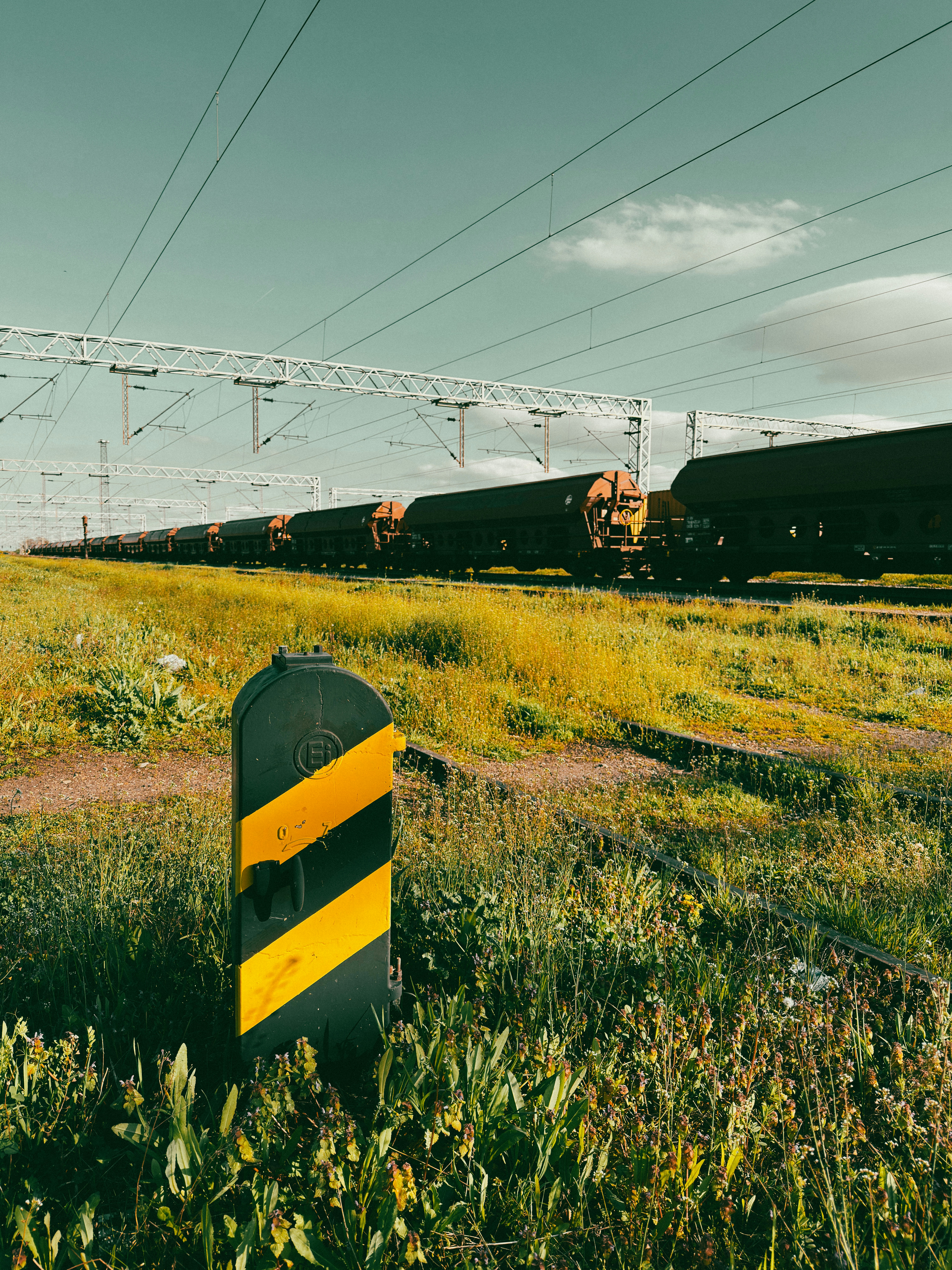 Industrial Railscape: Yellow-Striped Marker Amid Vibrant Grass