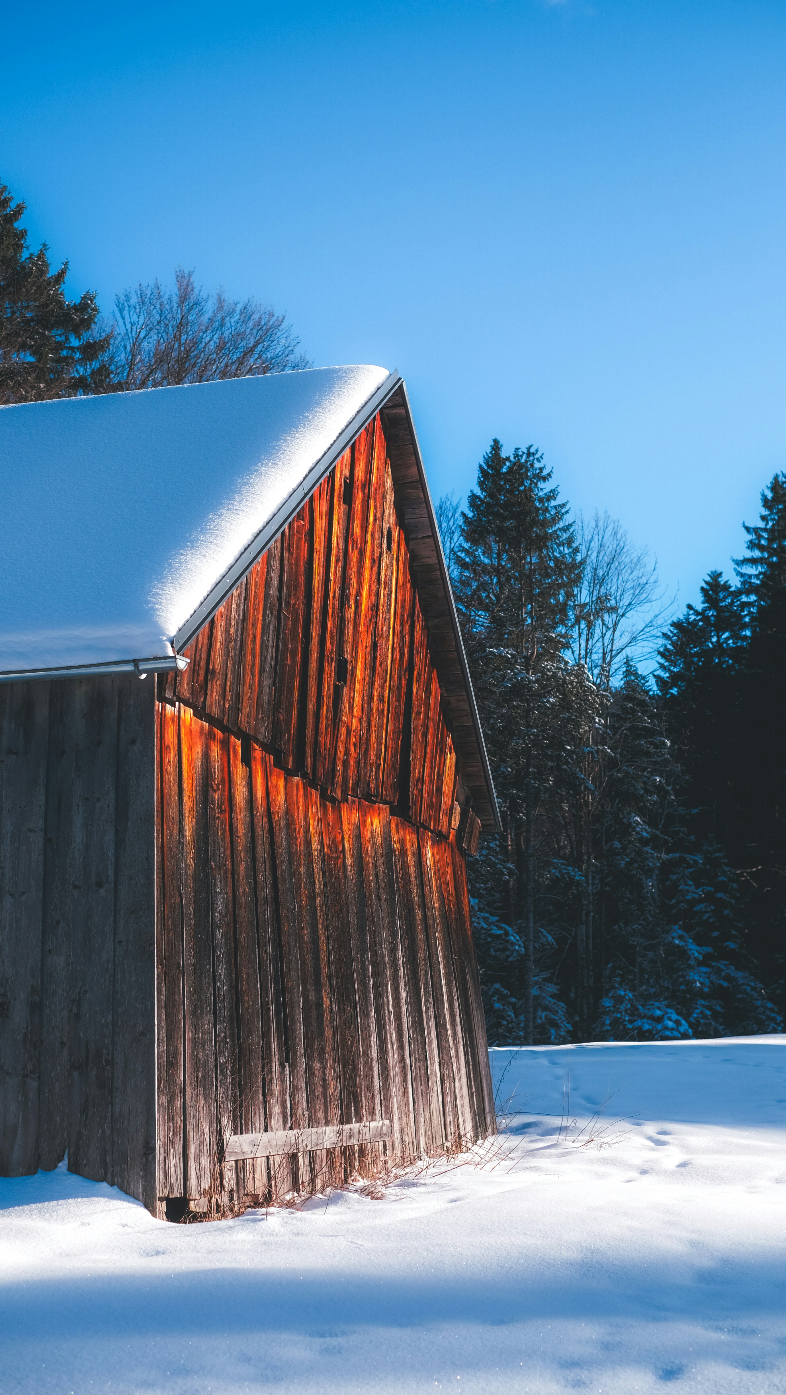 Snowlit Barn at the Edge of a Blue Winter Sky