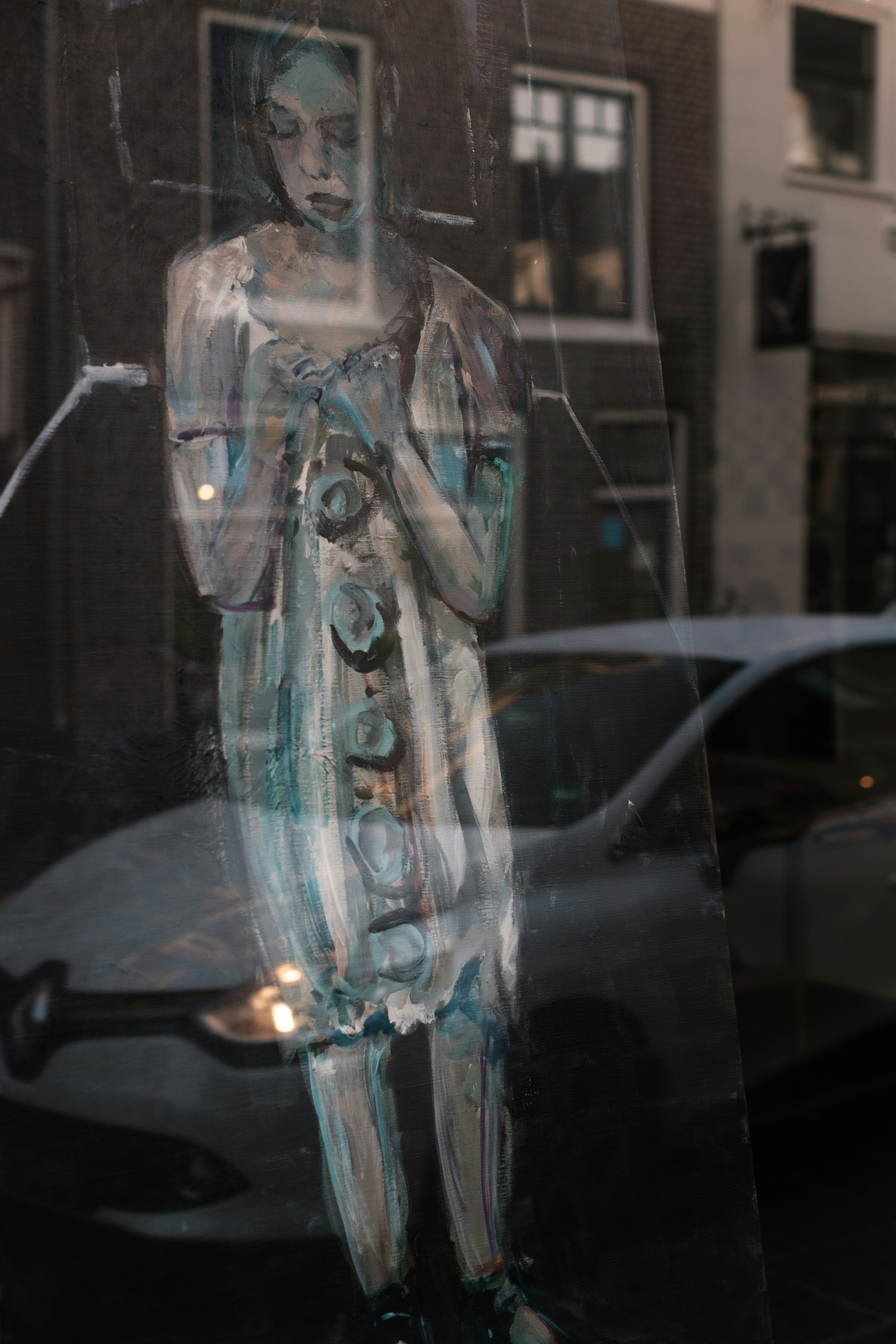 Portrait in Glass: A Painted Figure Reflected in Window