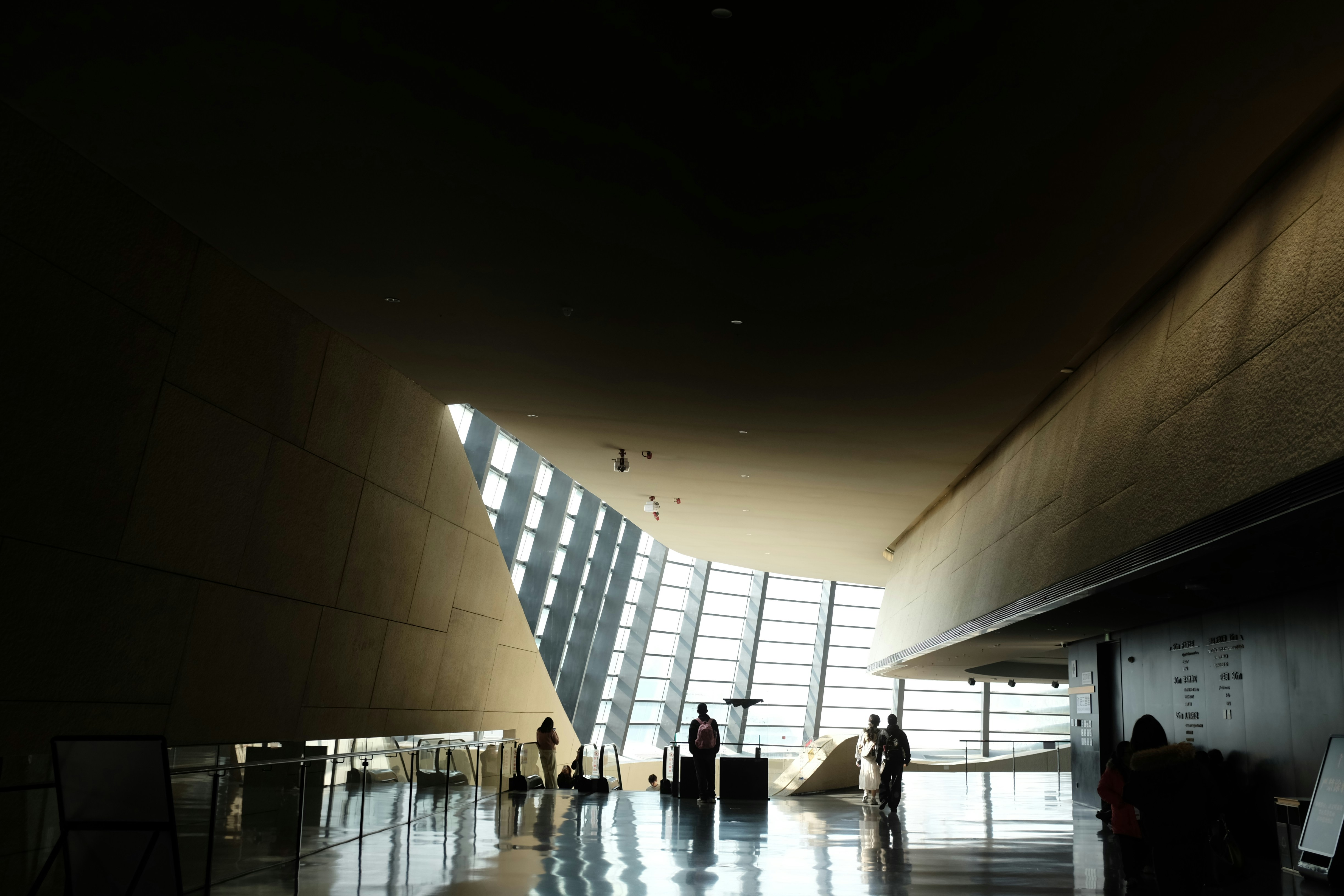 Light at the Atrium: People in a Silent Concrete Canyon