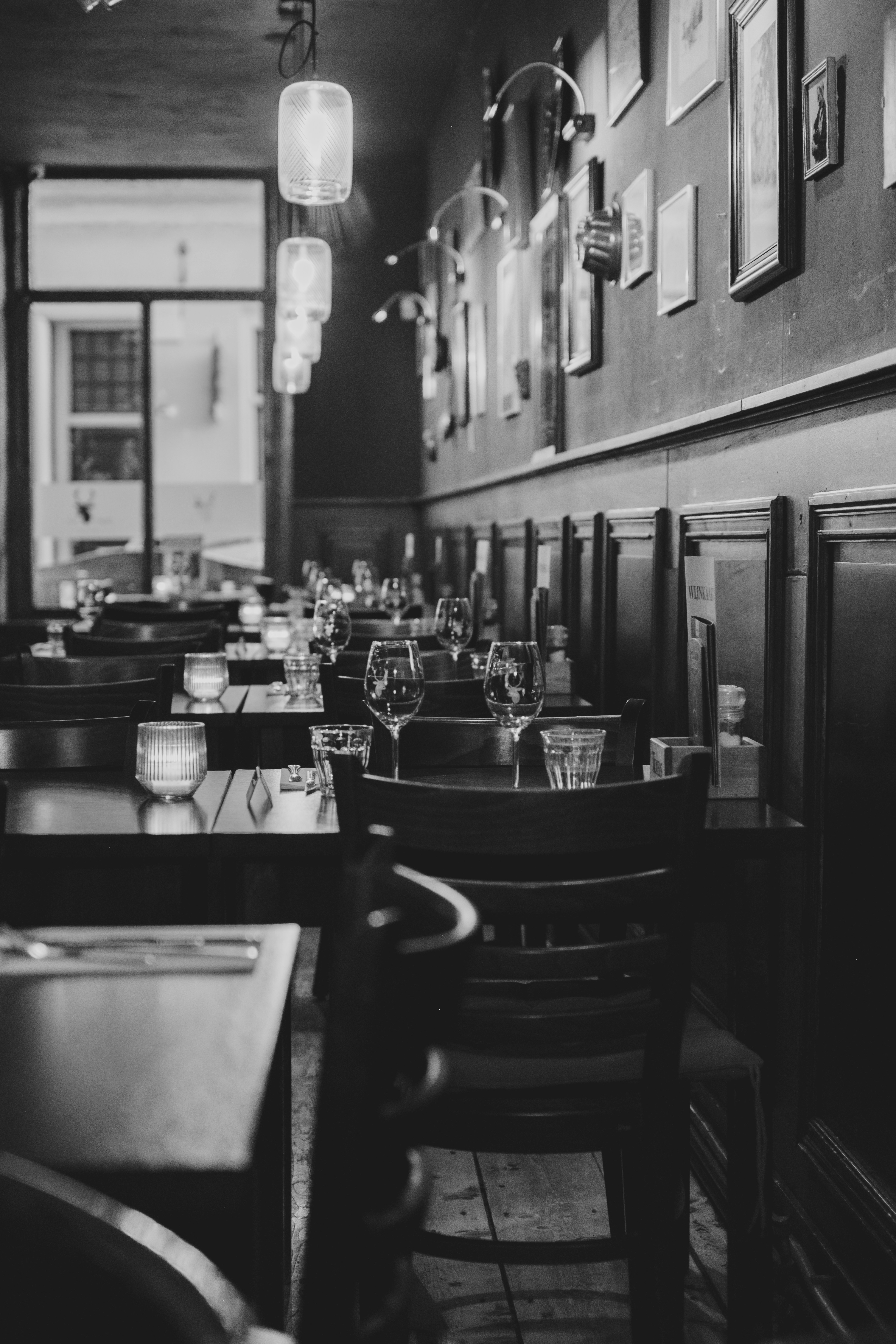 Midday Silence in a Dim Bistro Corridor