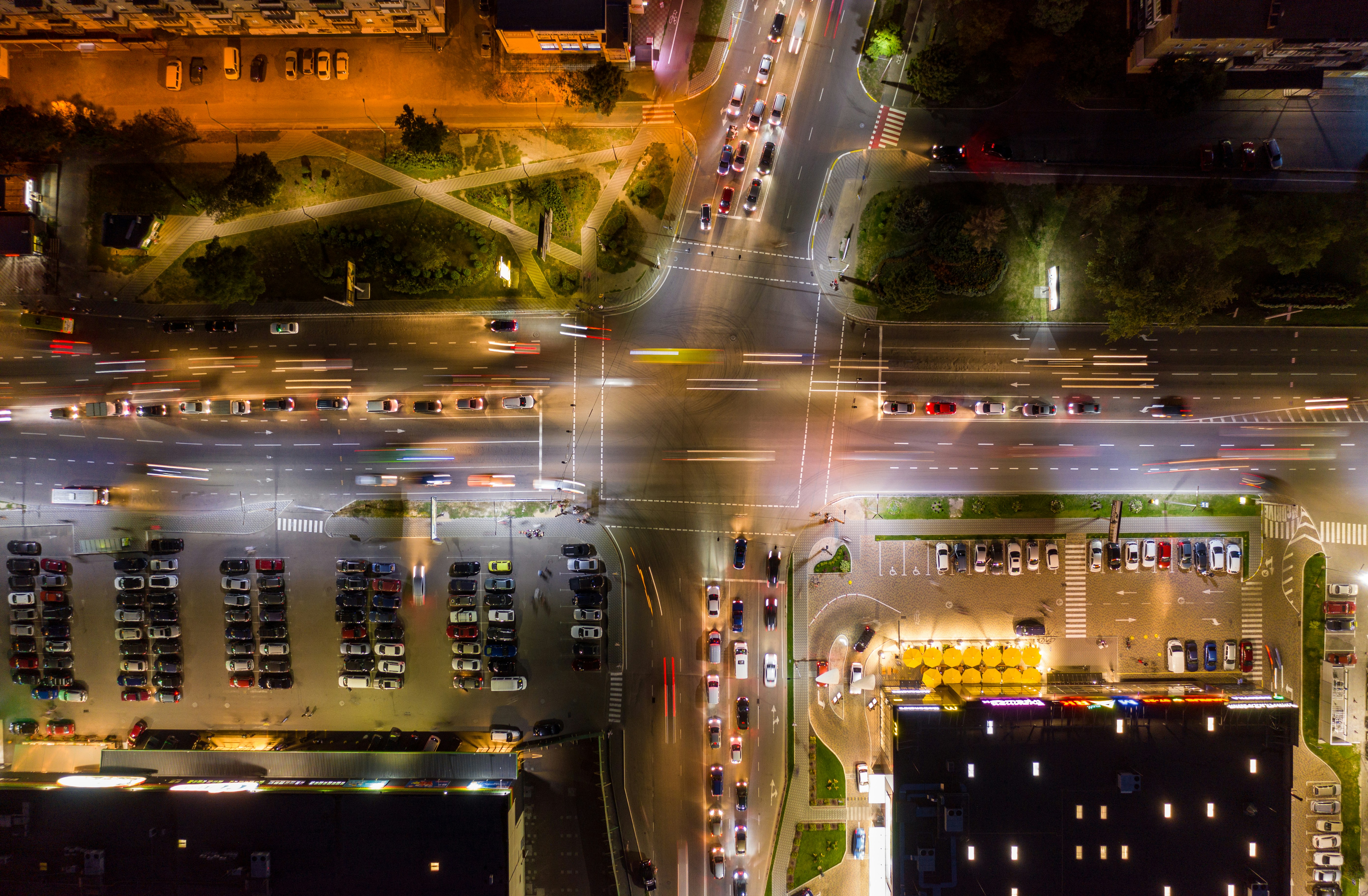 Neon Grid: Aerial Crossroads at Dusk