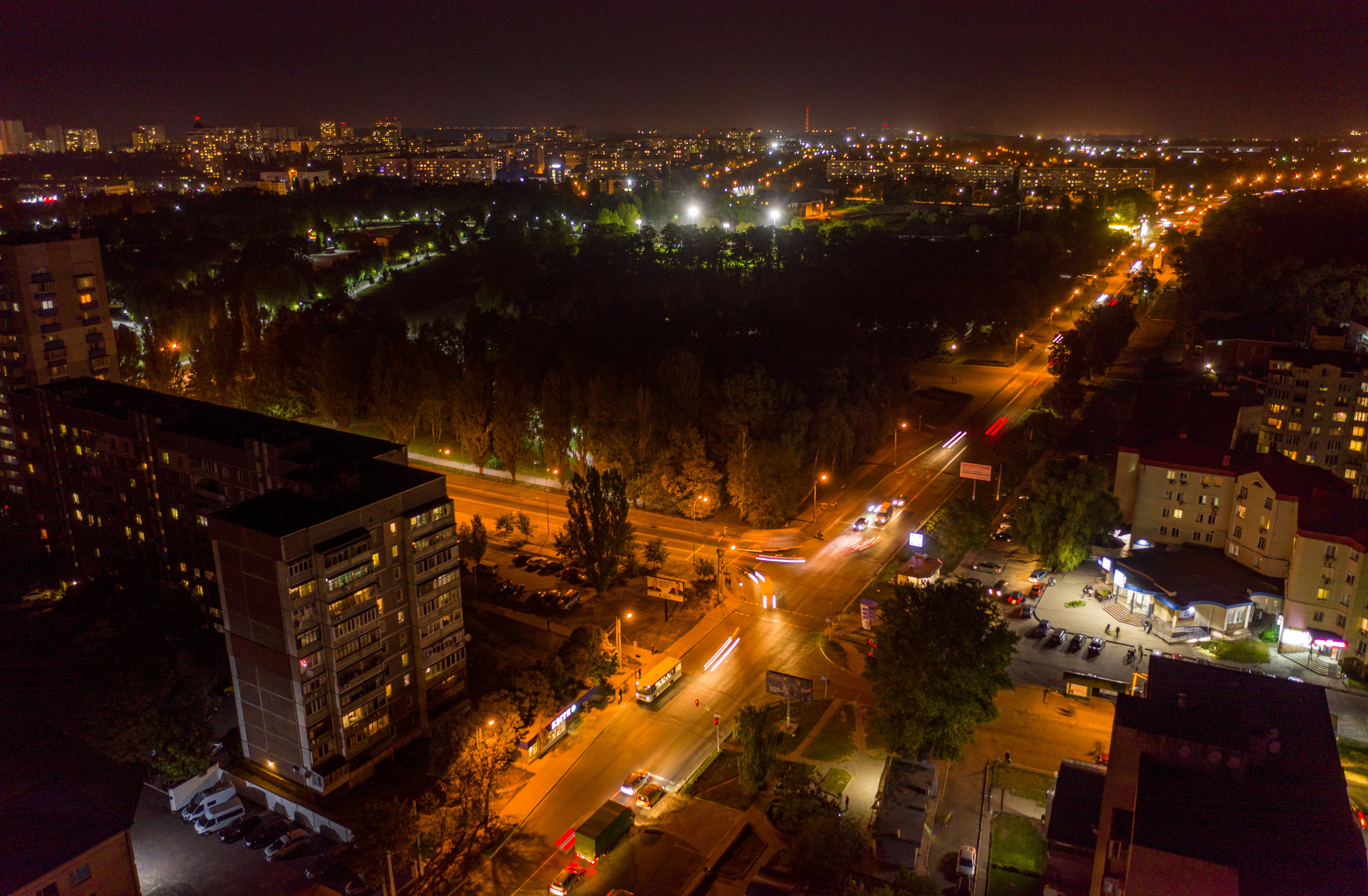 City Lights from Above: Night Run Along the Avenues