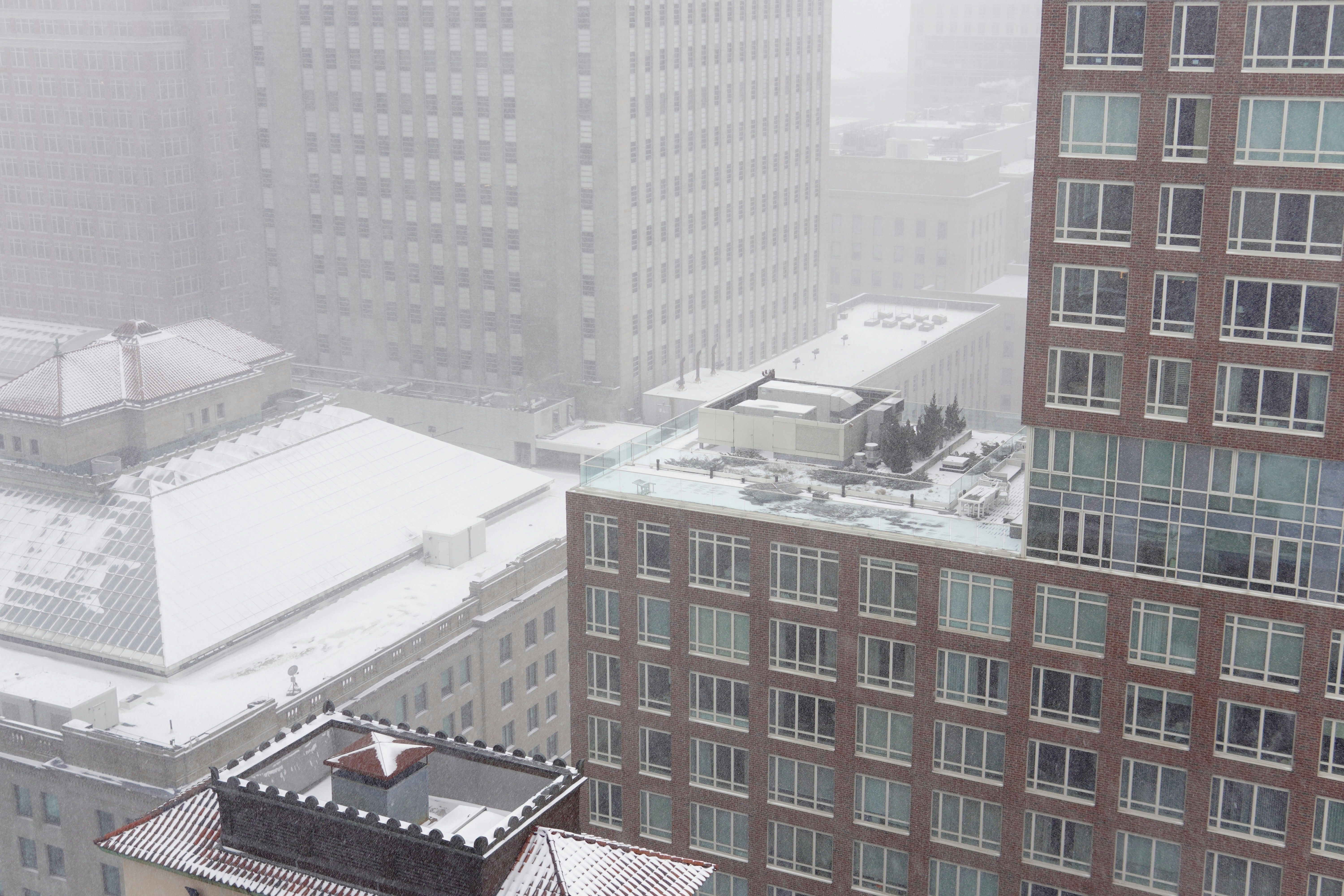 Foggy City Rooftops: Snowy Edge Amid Skyscrapers