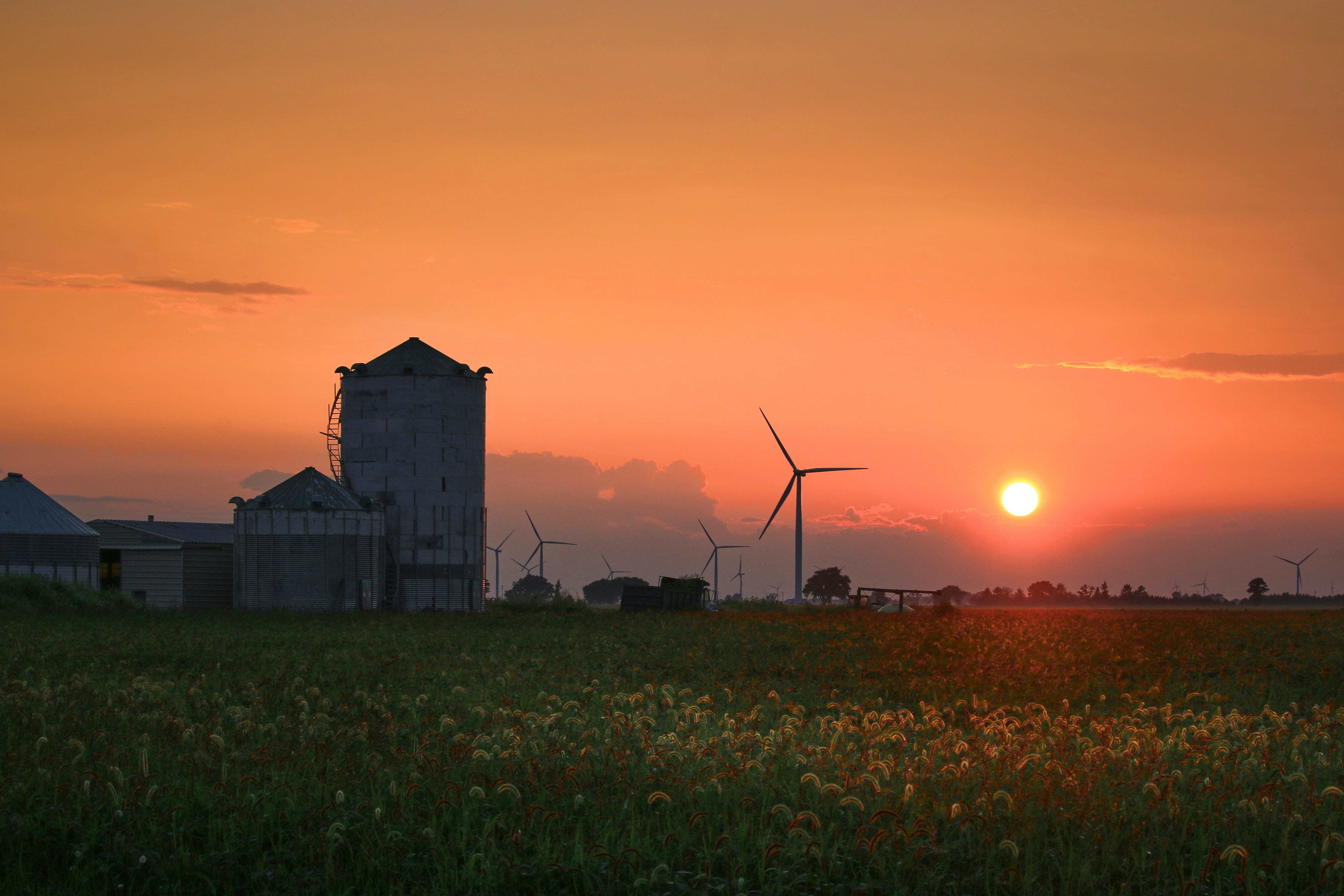 Sunset Over Wind-Swept Fields and Silhouetted Silos