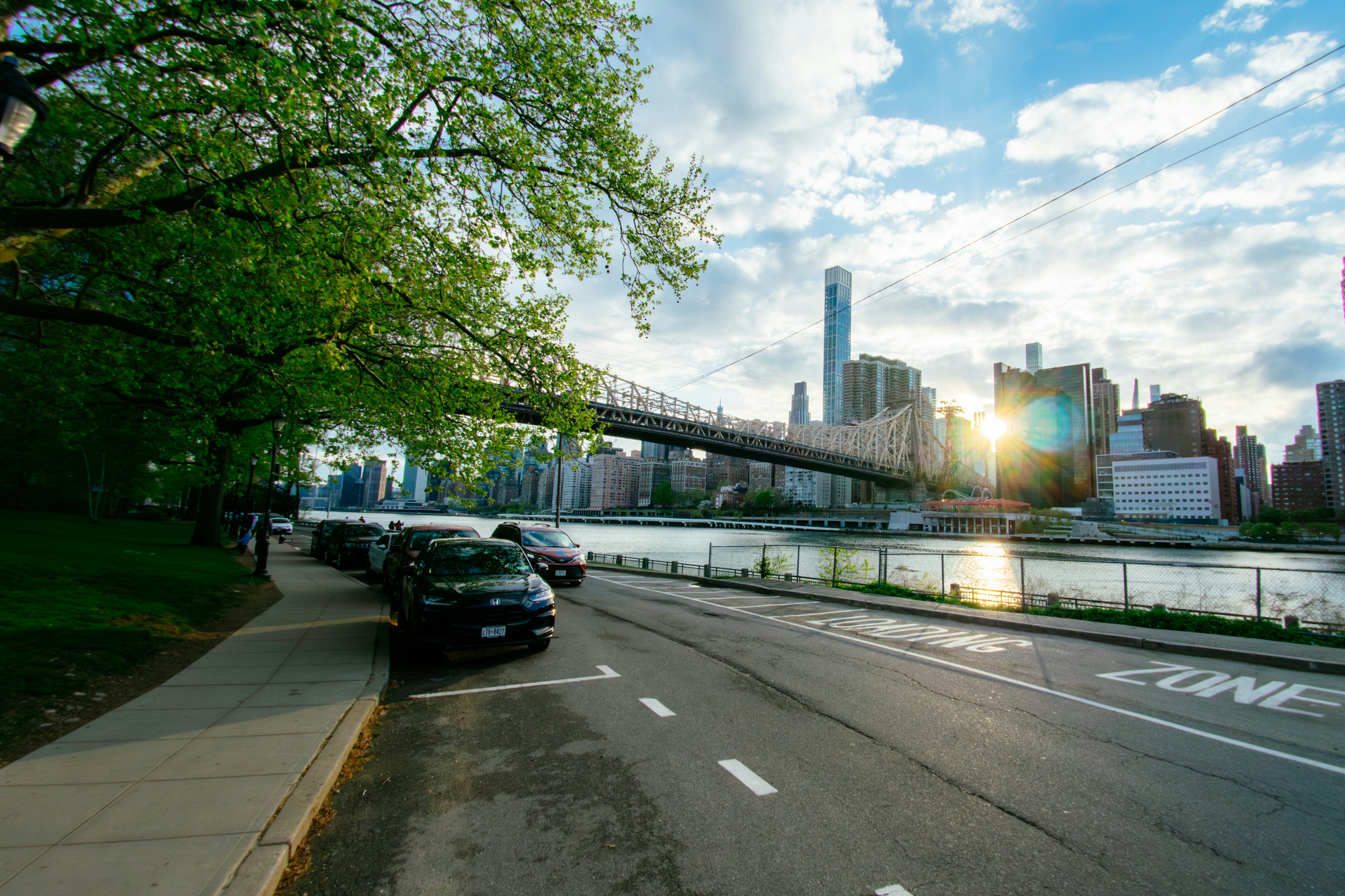 Sunlit city skyline over a river, with a pedestrian path and a row of parked cars along a tree-lined street.
