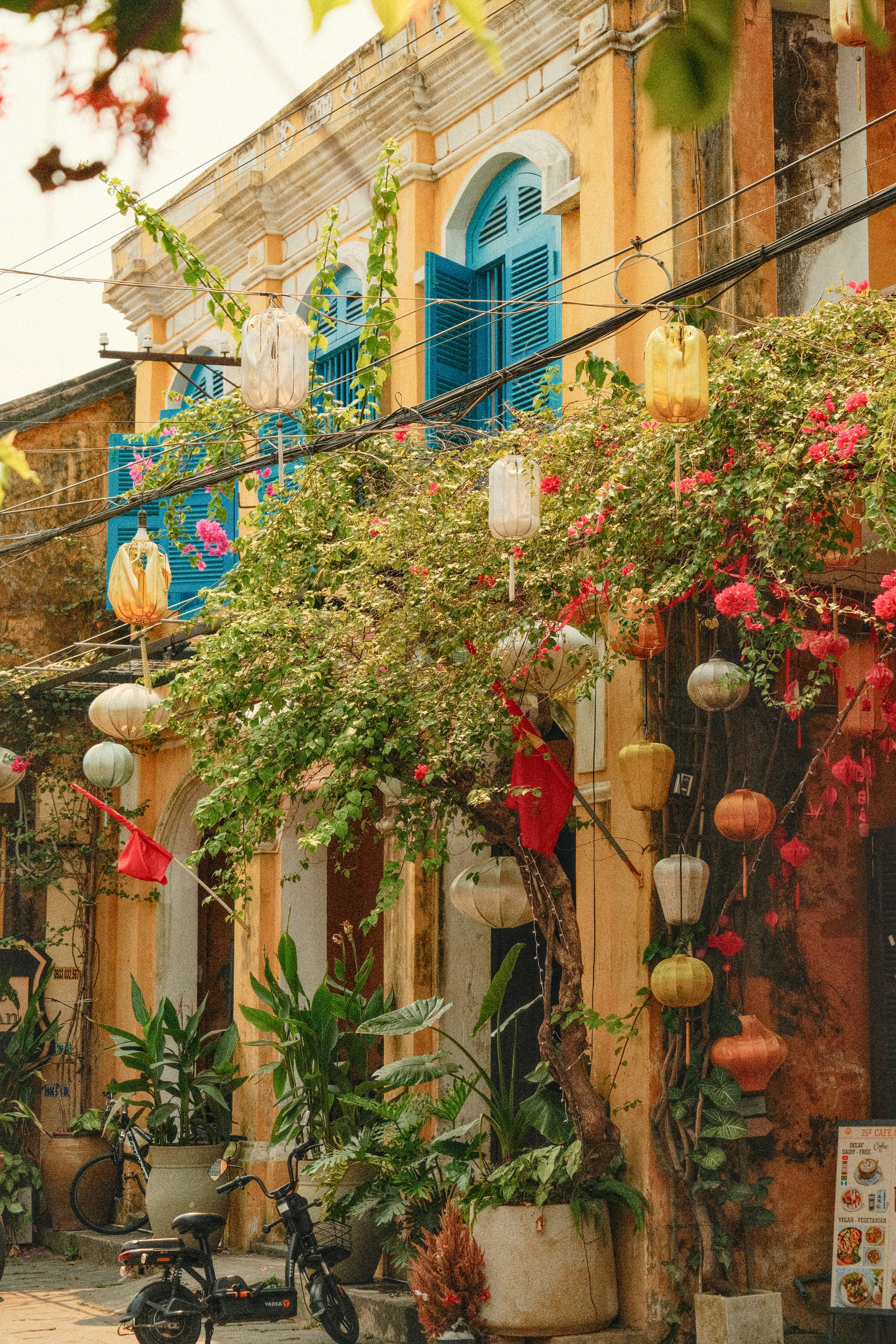 Lanterns and Bougainvillea Drifting Through a Sunlit Calle