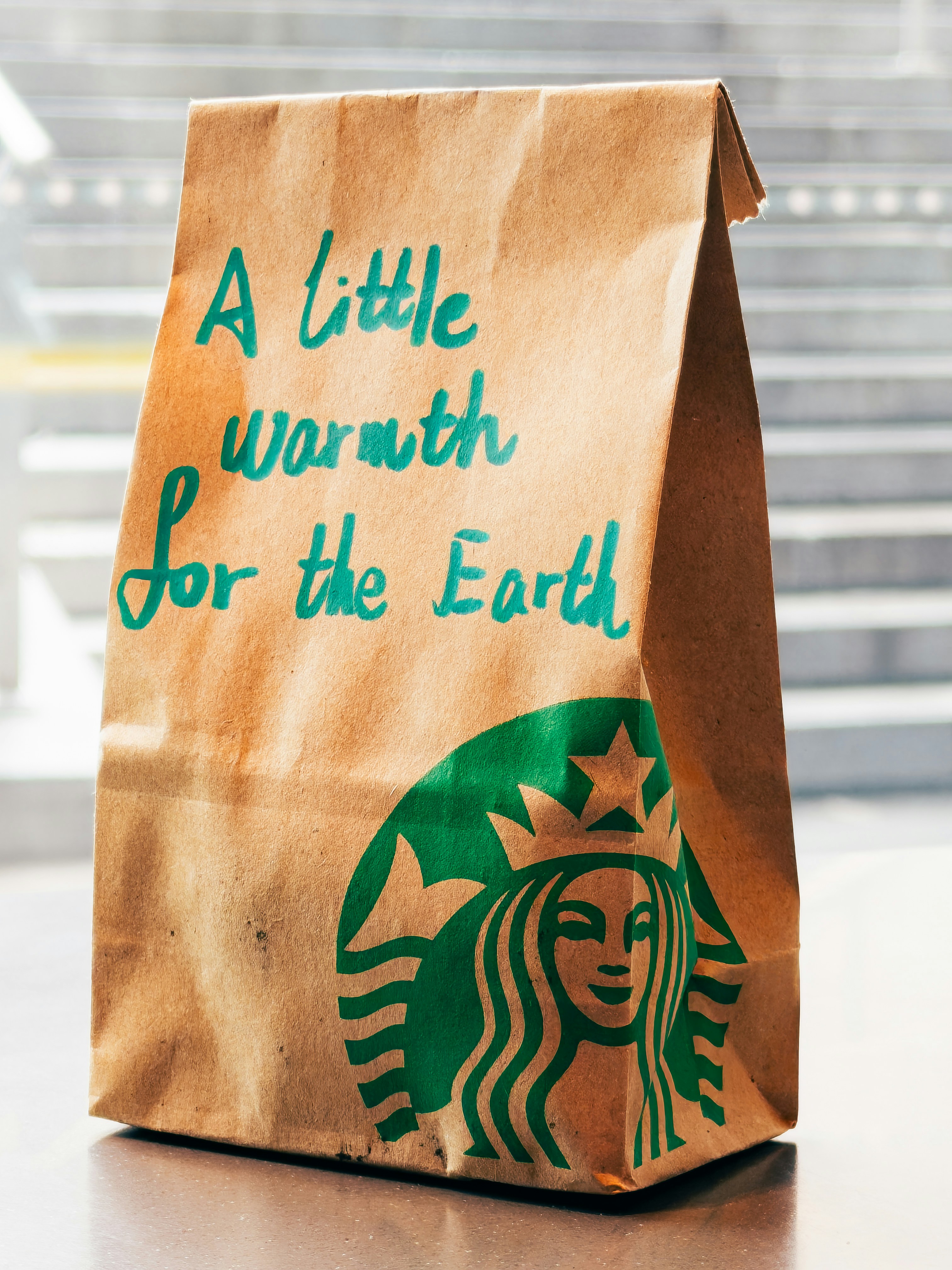 A Green-Logo Bag on a Sunlit Table