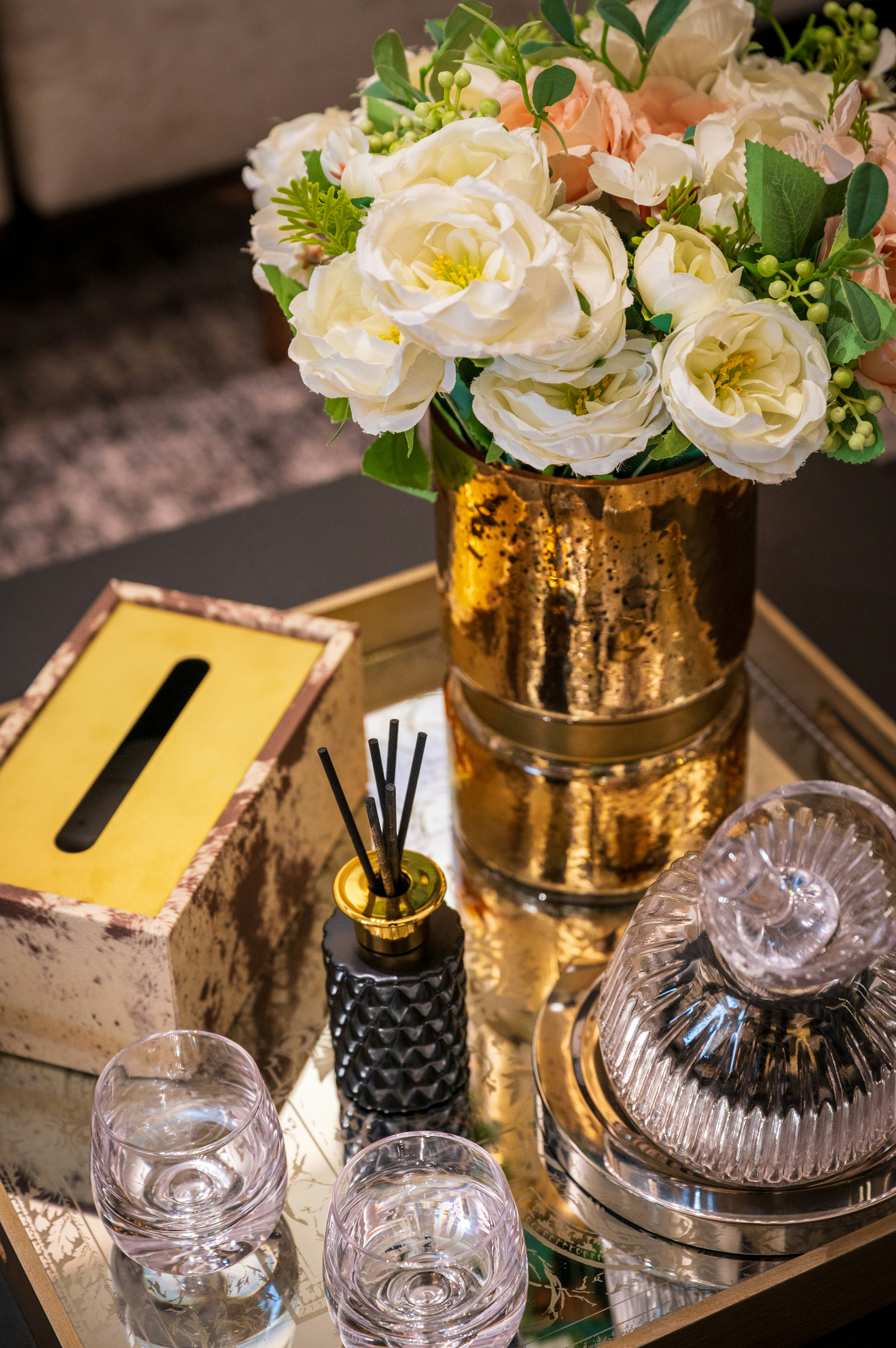 Gilded Floral Arrangement on a Mirrored Tray