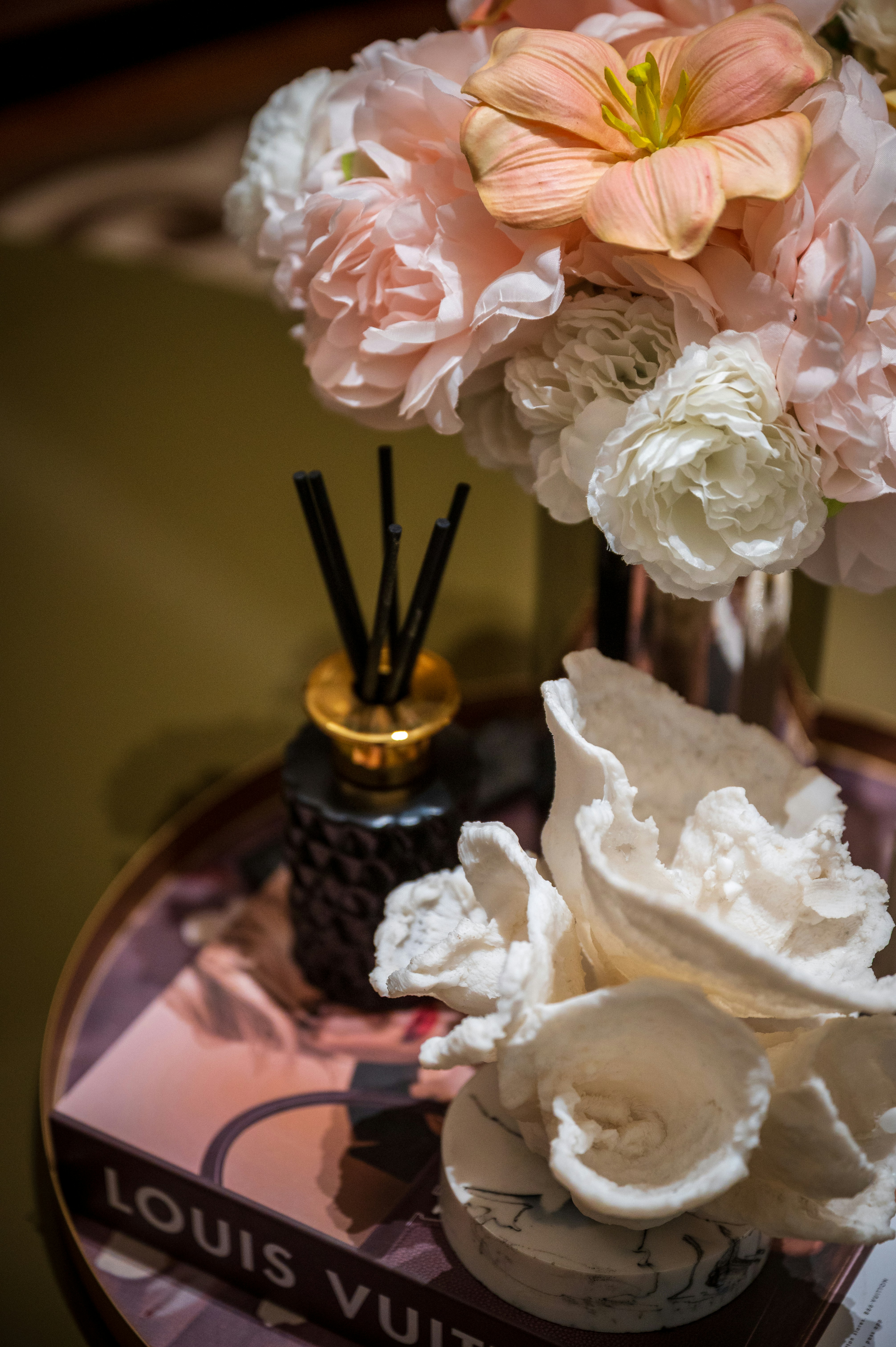 Petals in Focus: A Quiet Boudoir Still life with Peach Lily and Velvet Tray