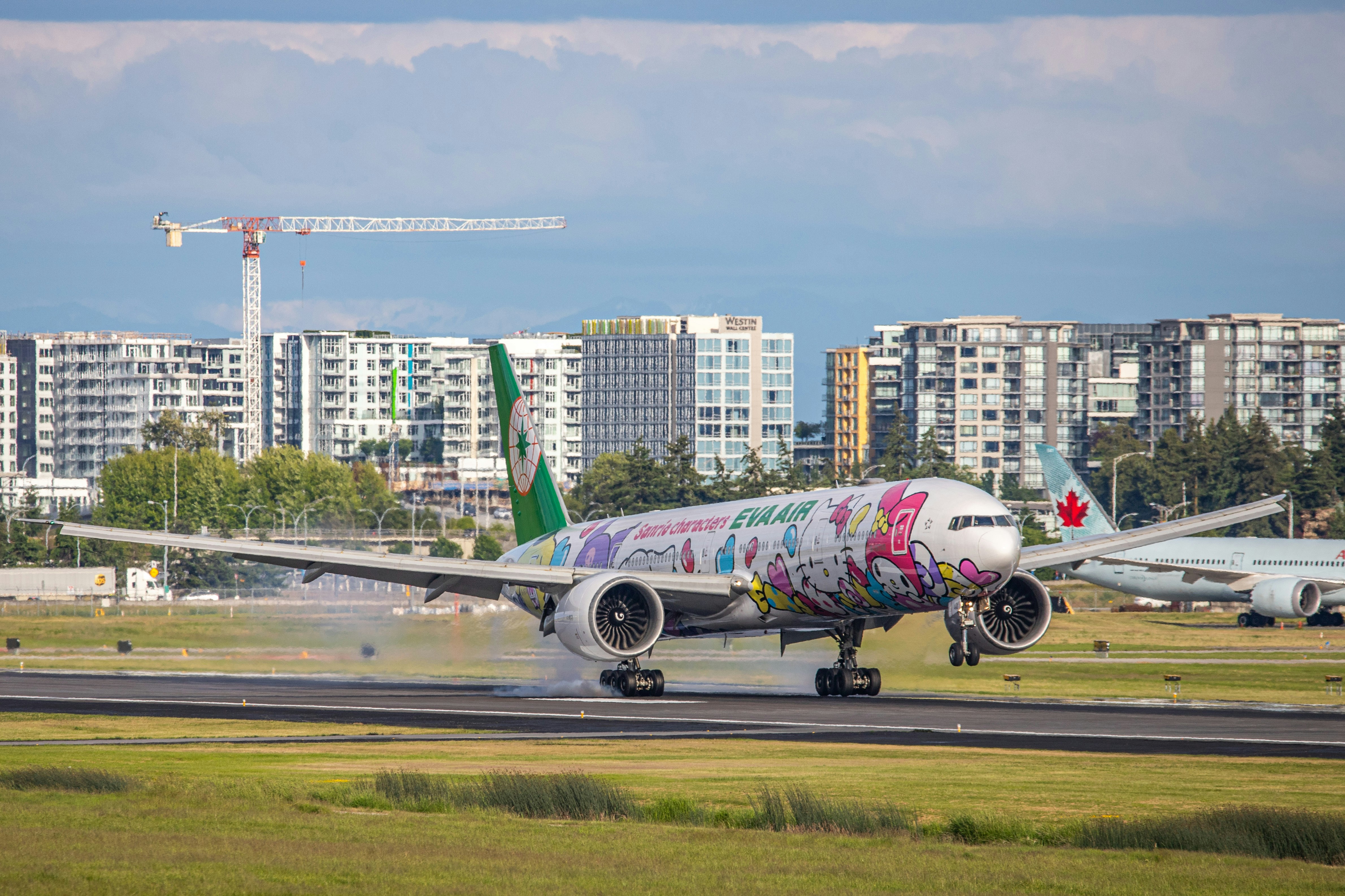 Jet in bloom: a colorful dreamliner on runway at urban horizon