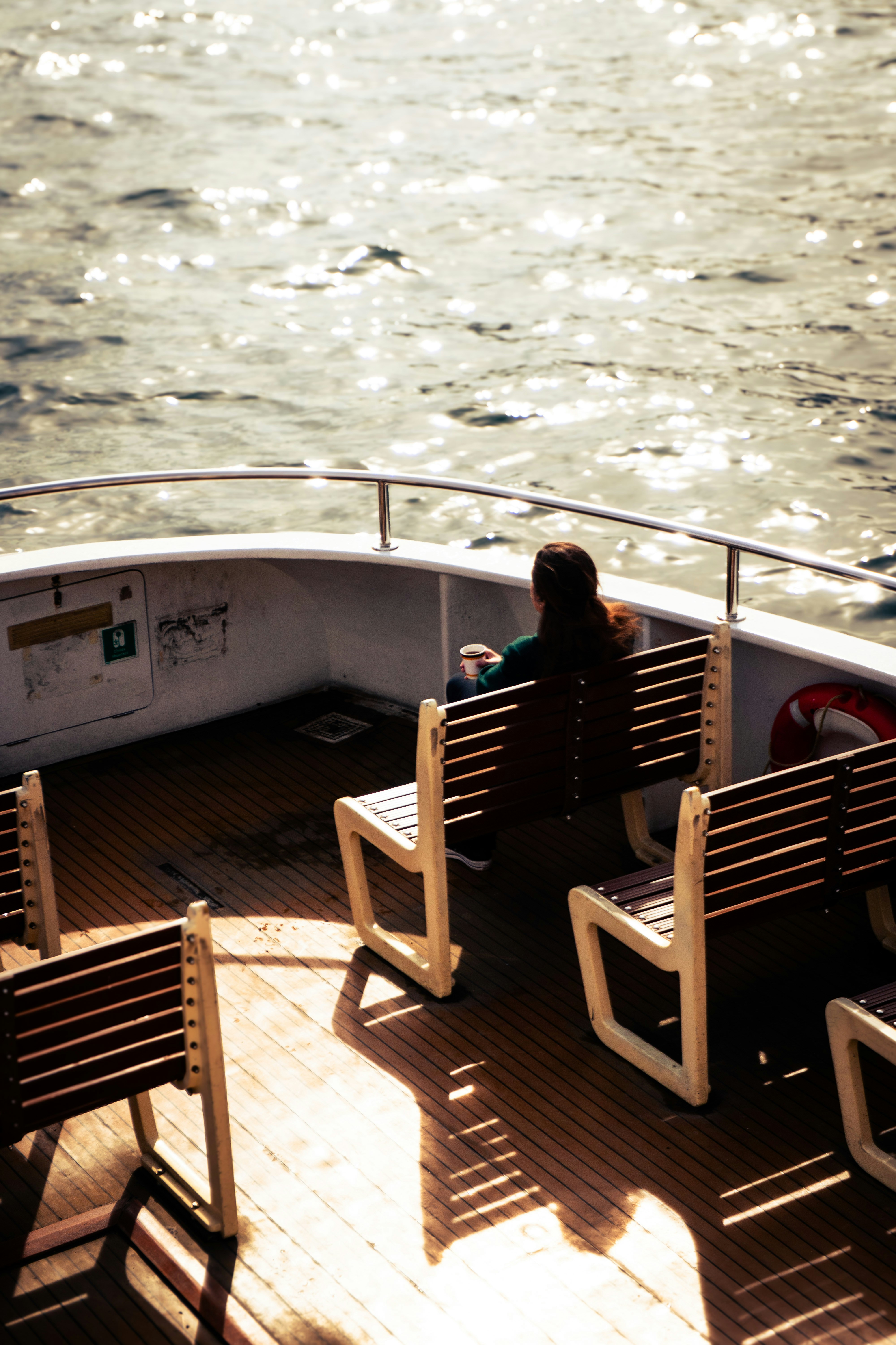 Passenger on a Sunlit Boat Deck: Quiet Contemplation by the Rails
