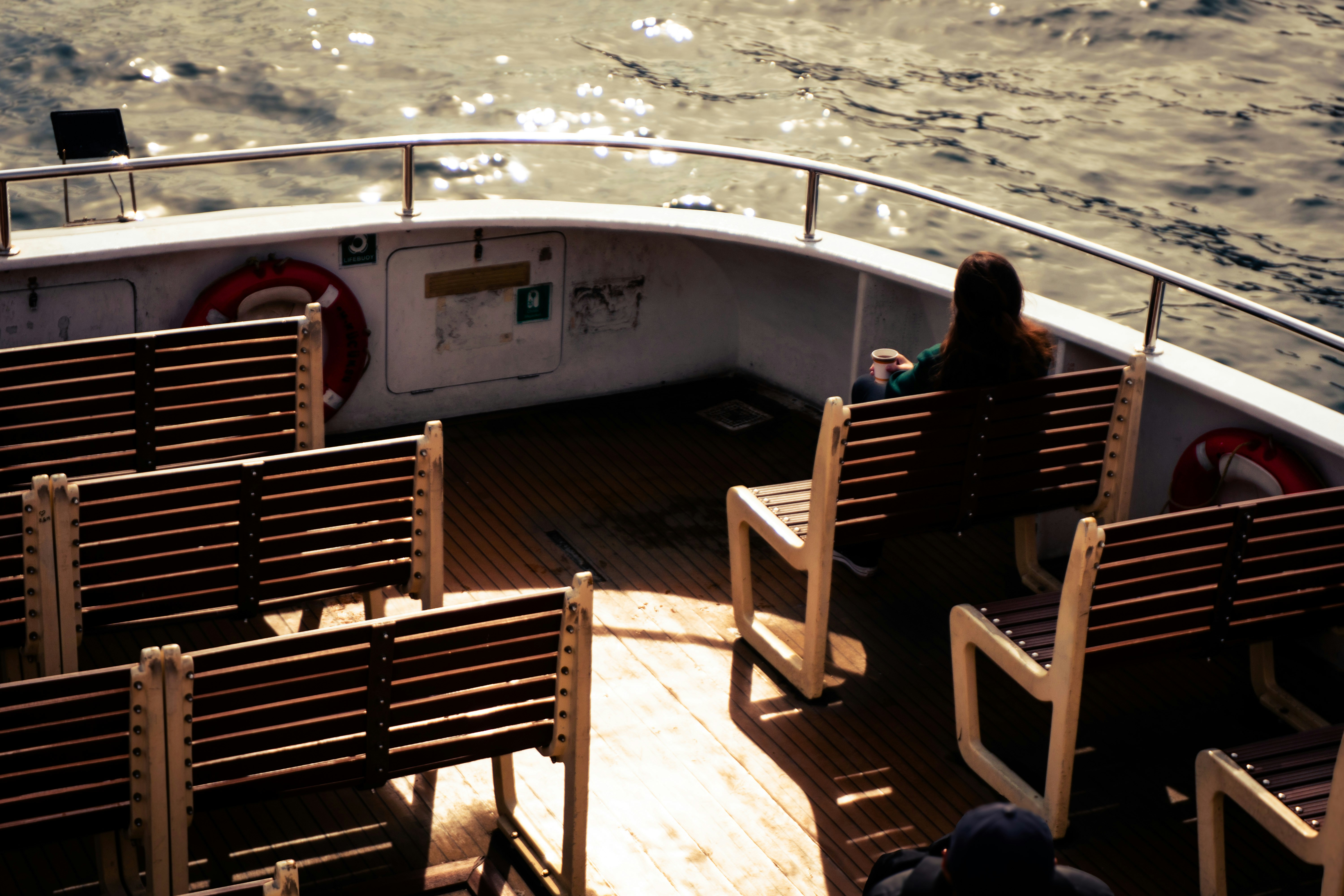 Quiet Deck Moment: A Passenger in Sunset Light on a Vessel