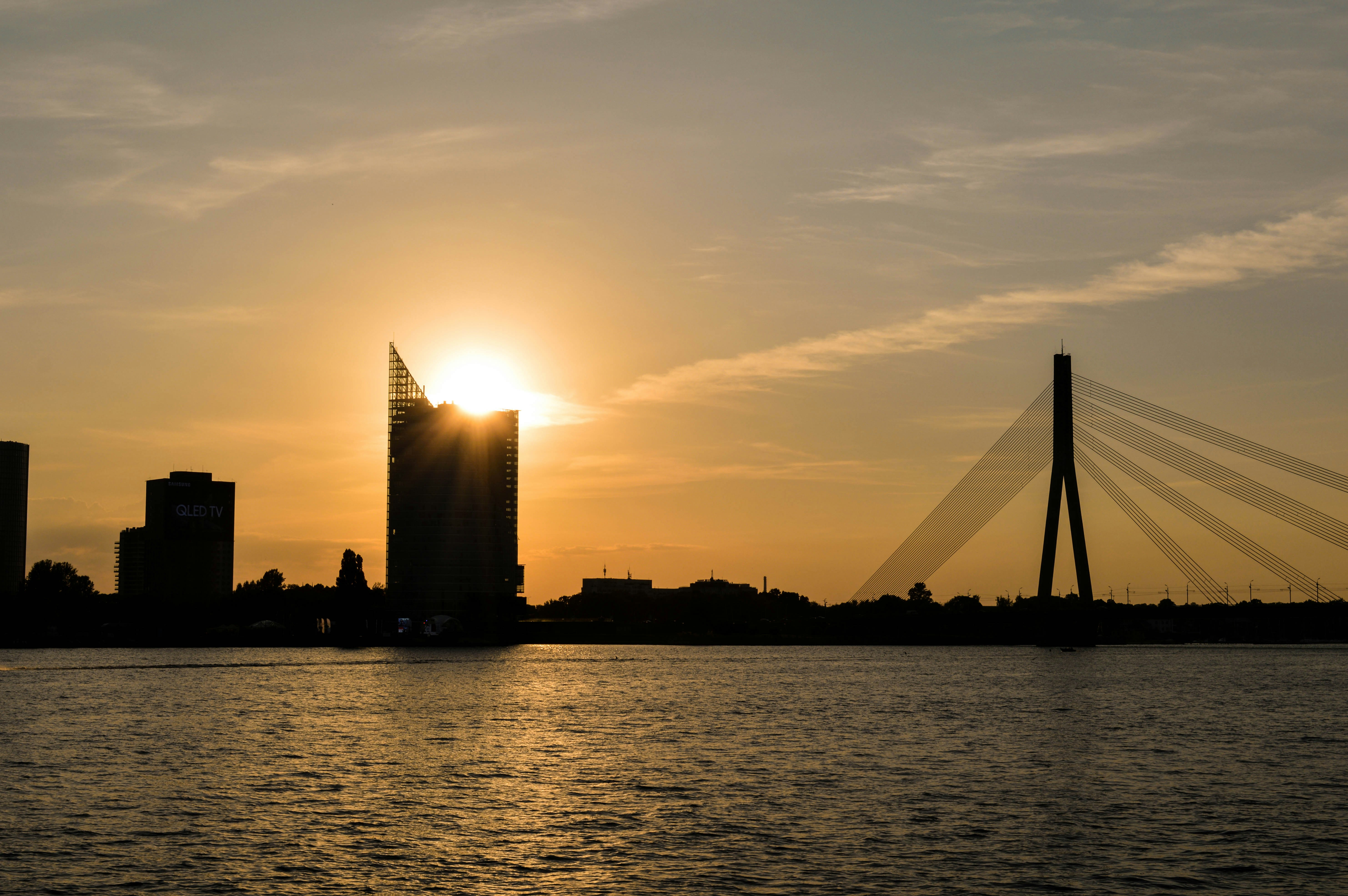 Sunlit Skyline: The Bright Void Between Tower and Cable-Stayed Bridge