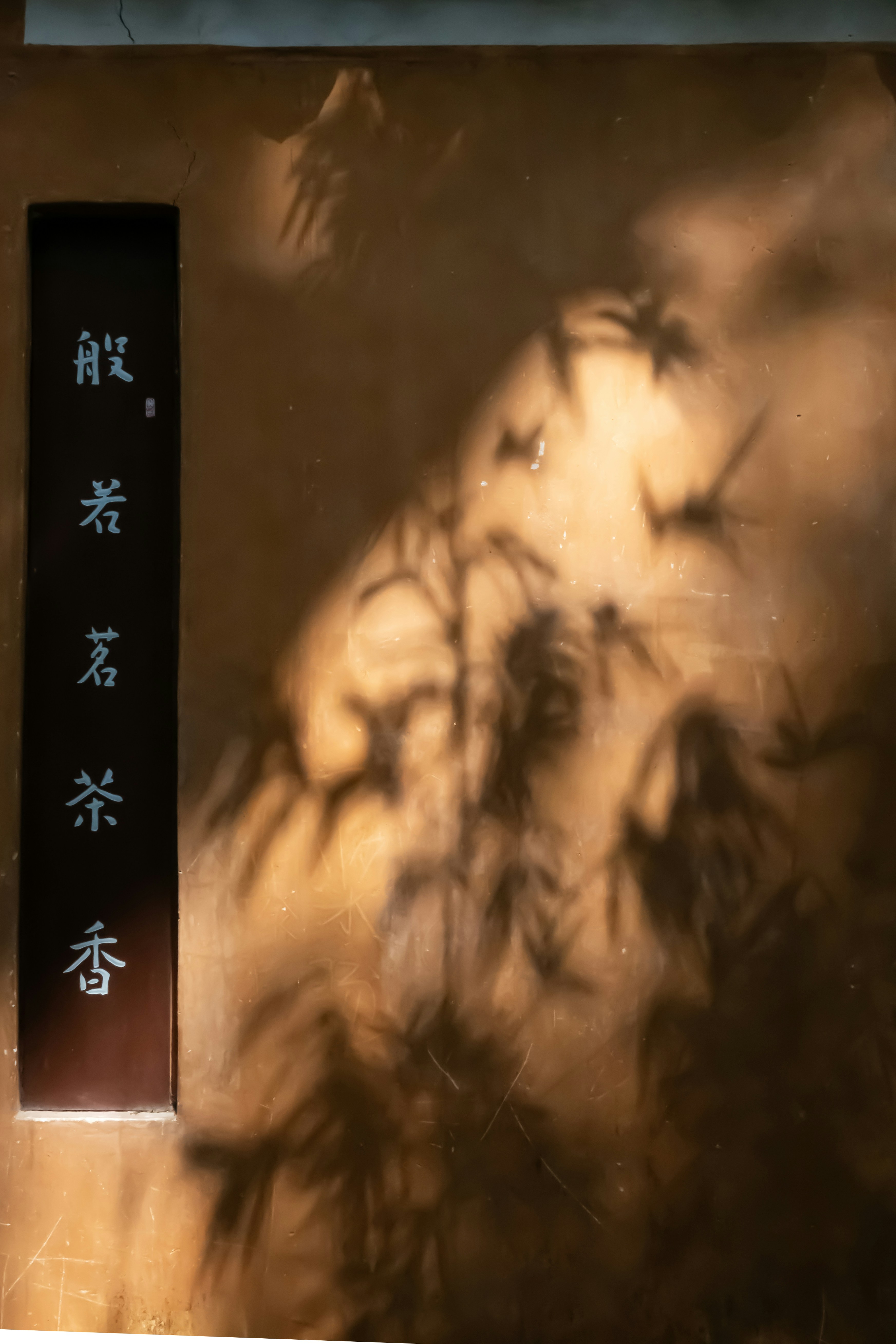 Shadowed Calligraphy: Lantern Light on a Framed Sign