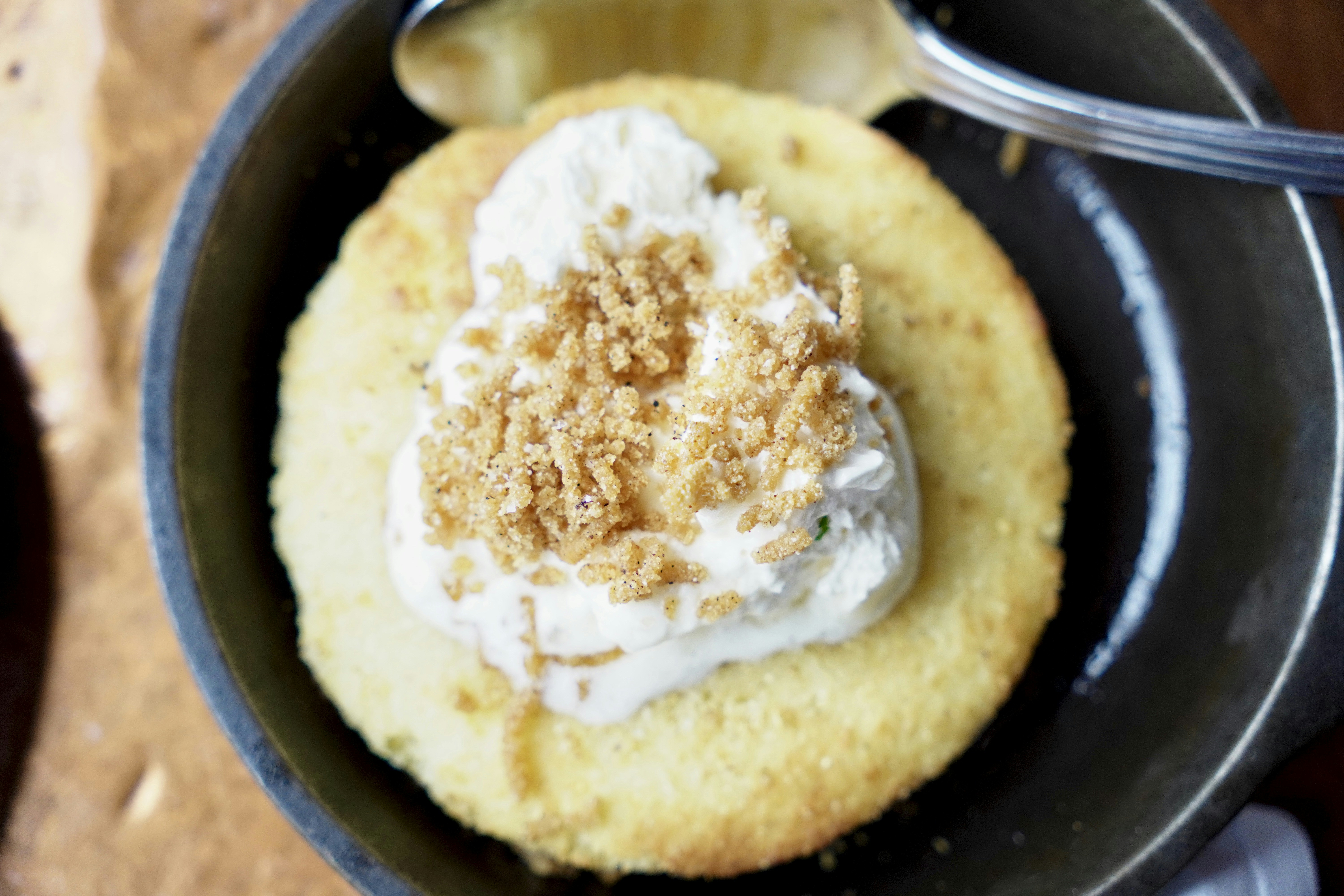 Golden Cake with Whipped Cream and Crumble Peak