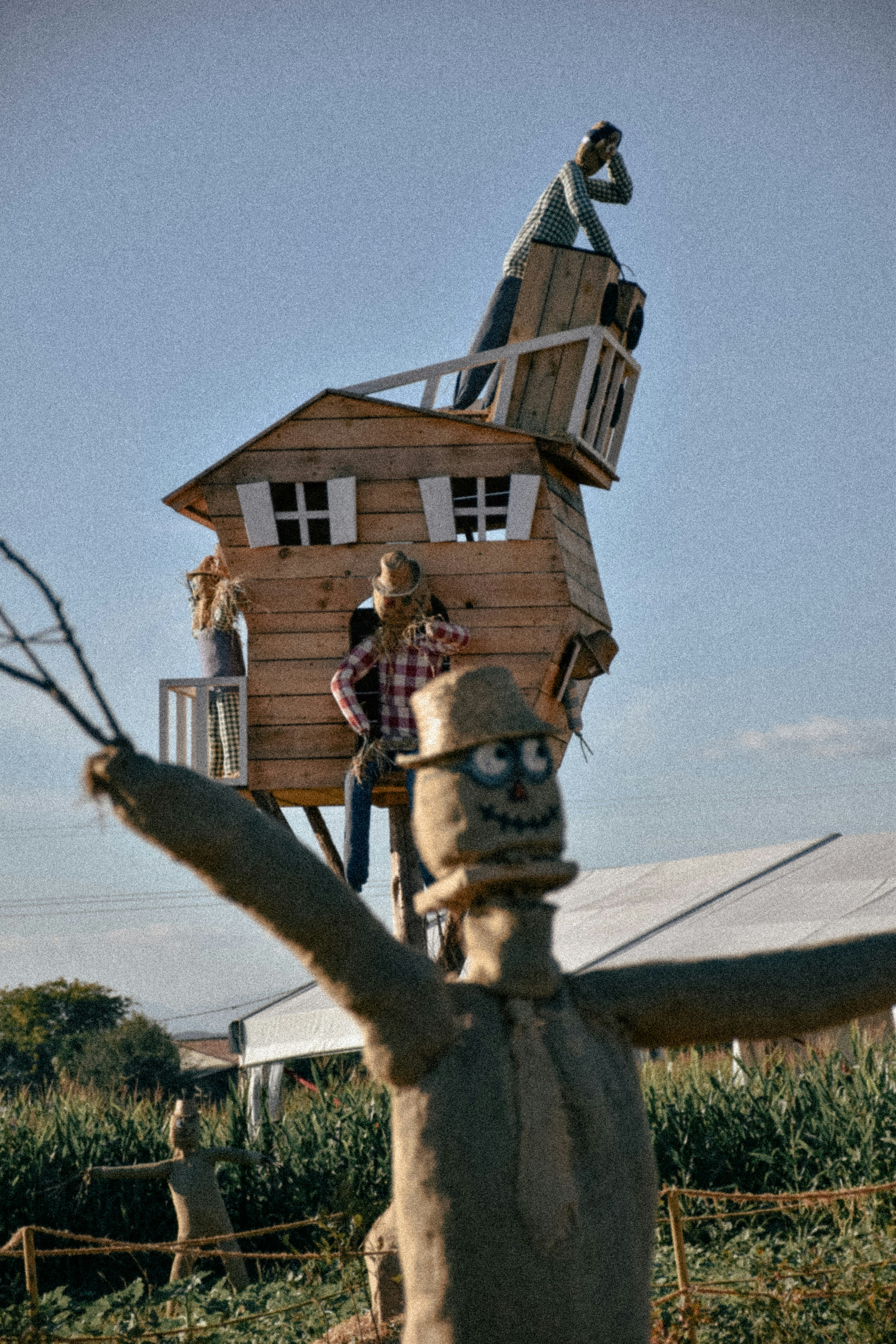 Whimsical Treehouse Lookout: Dolls, Straw Hats, and a Watching Wind