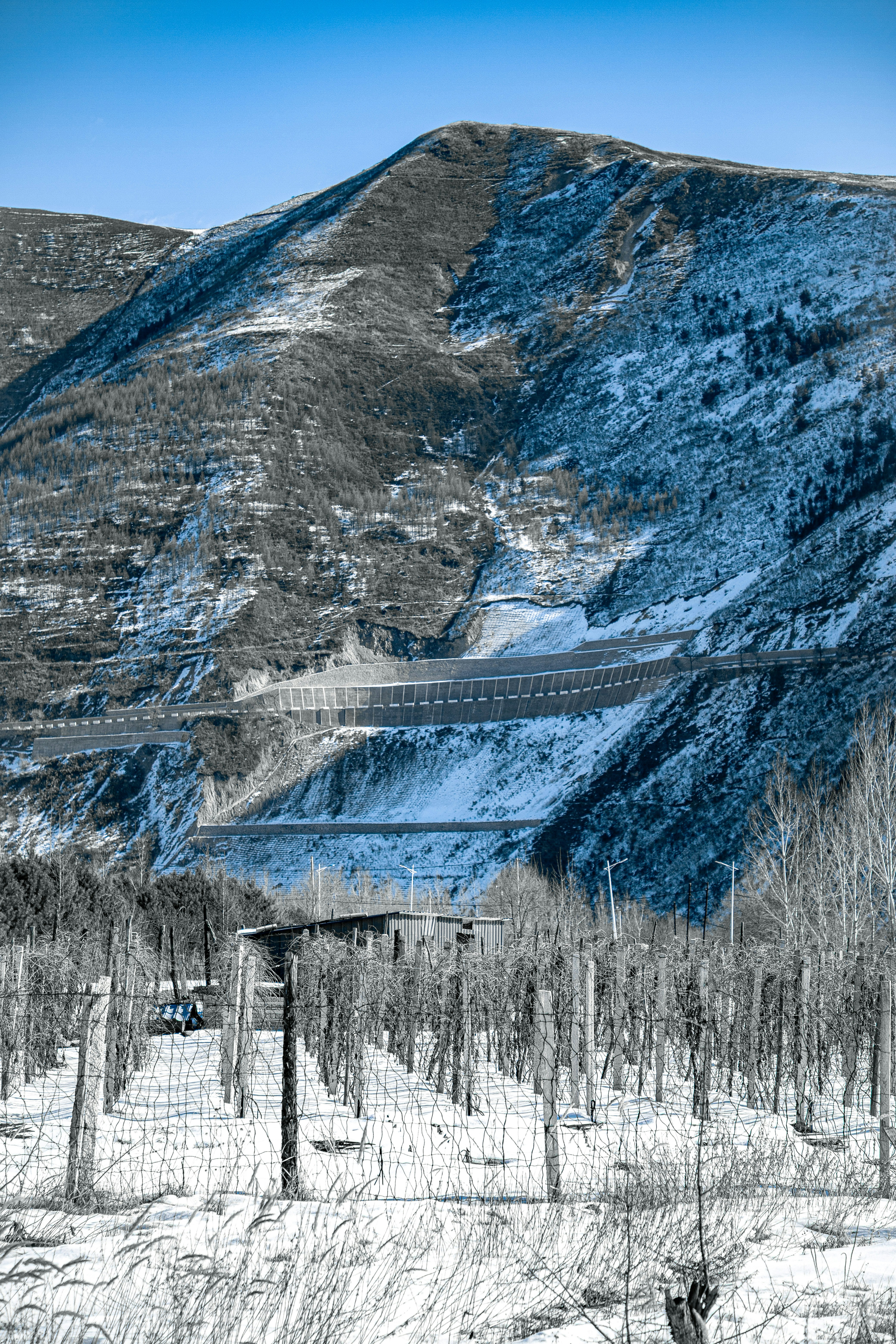 Snow-Scored Summit Road Carves Through a Mountain Valley