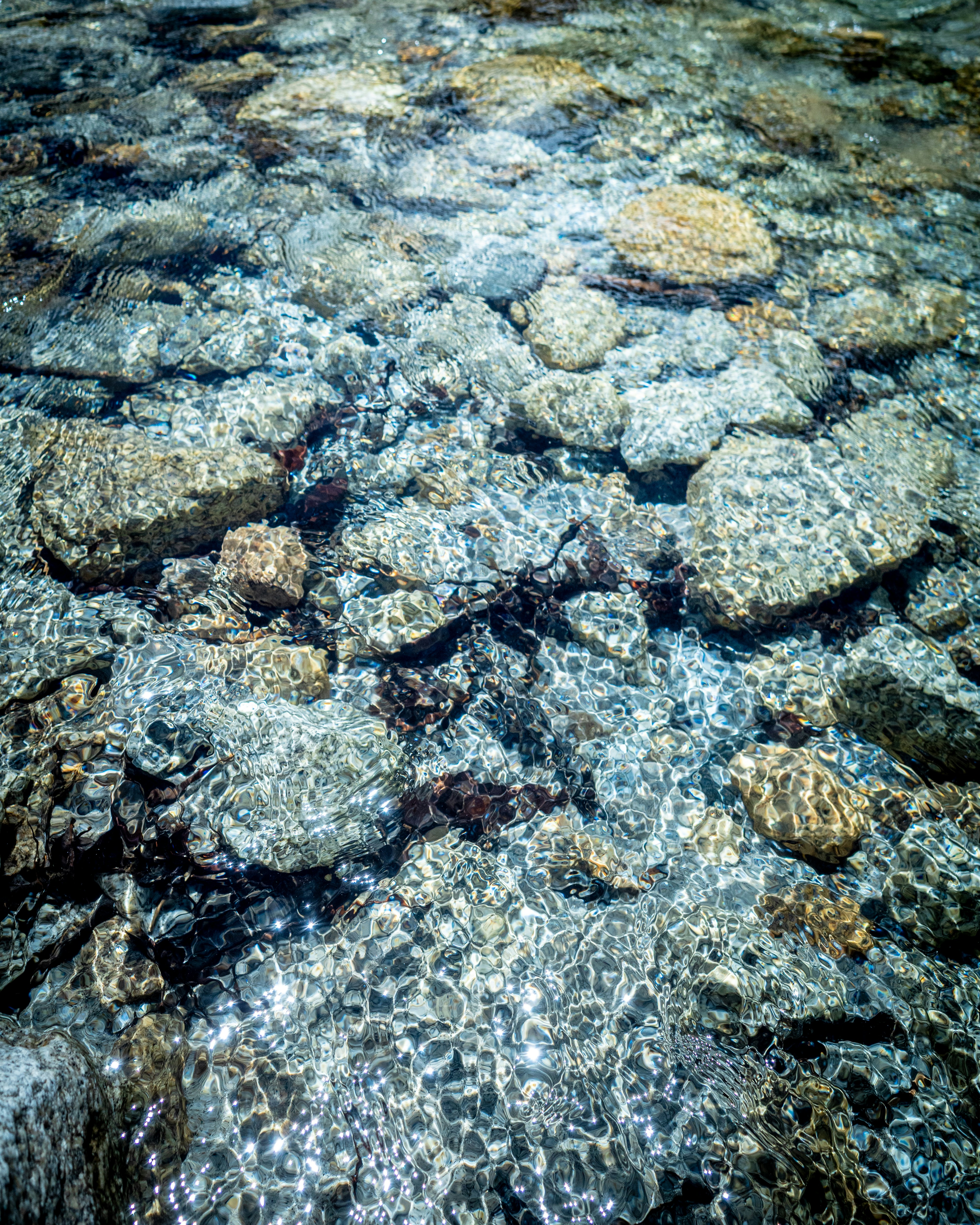 Liquid Mosaic: Sunlit Stones Under Clear Water