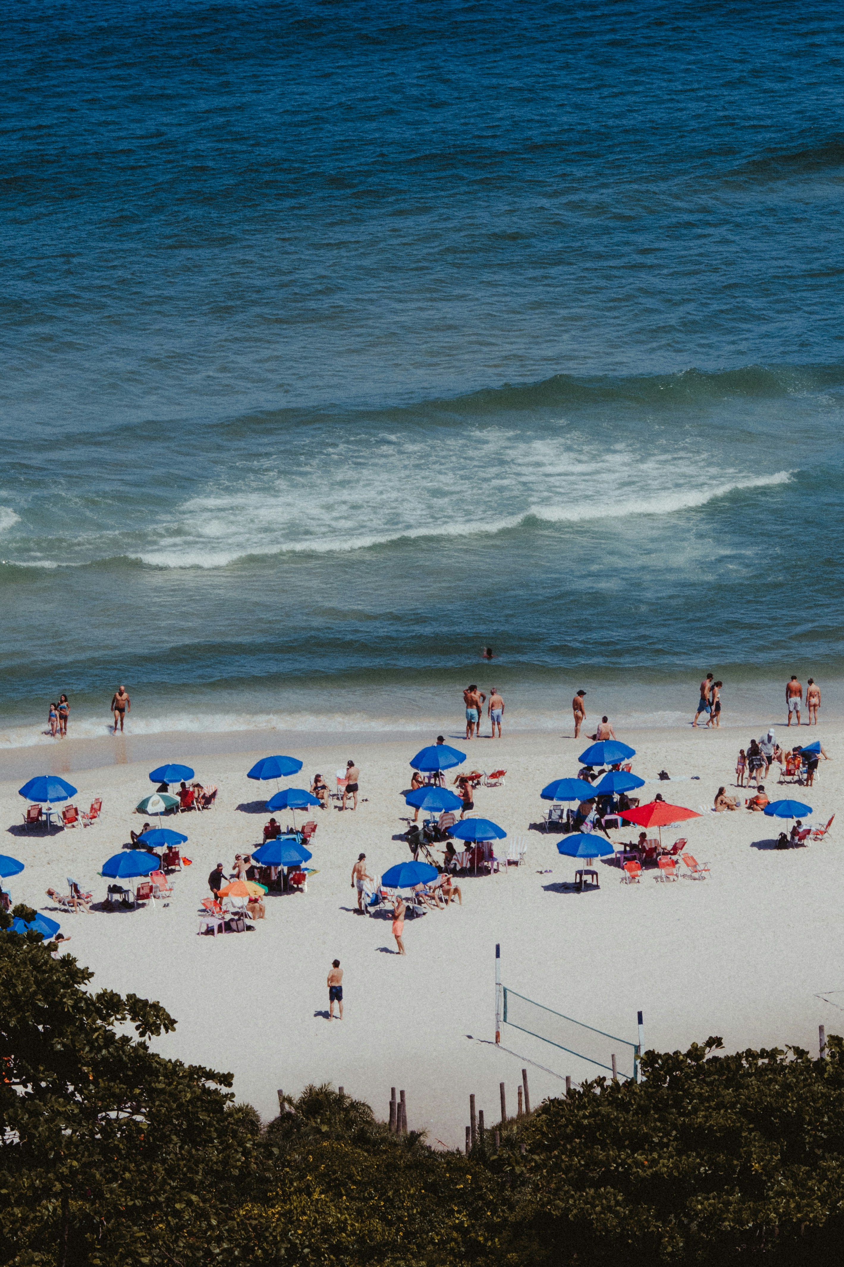 Blue Umbrellas on White Sands: A Sunlit Beach Scene