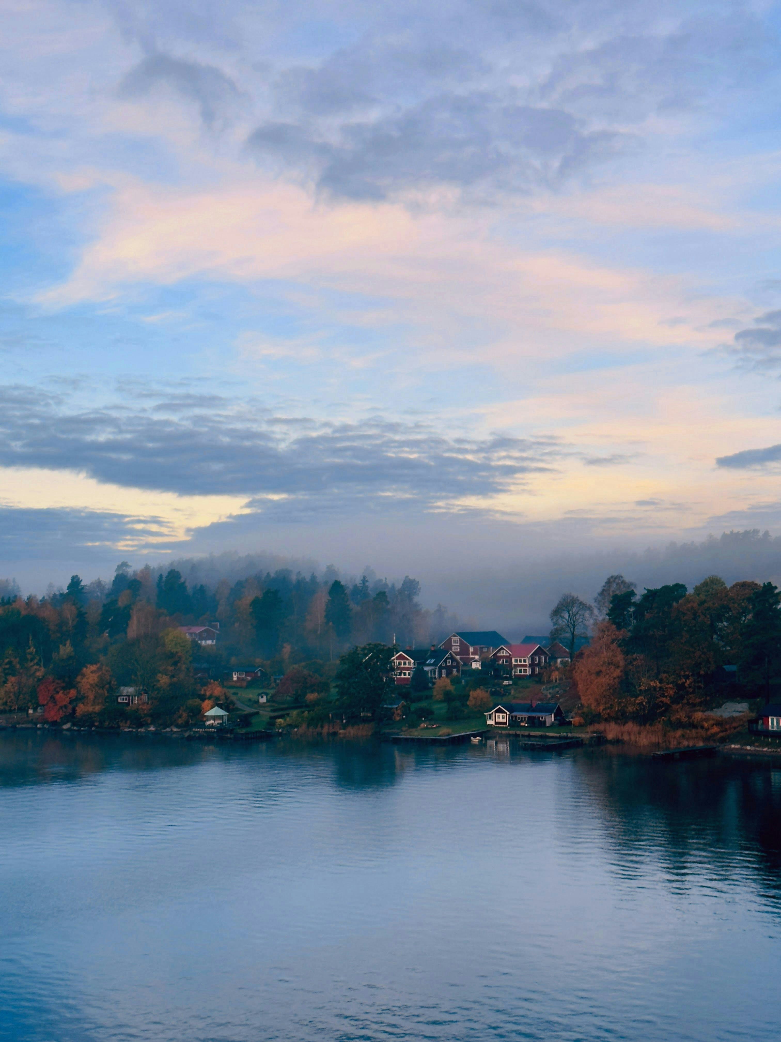 Mist Over the Village: Quiet Dawn by the Lake