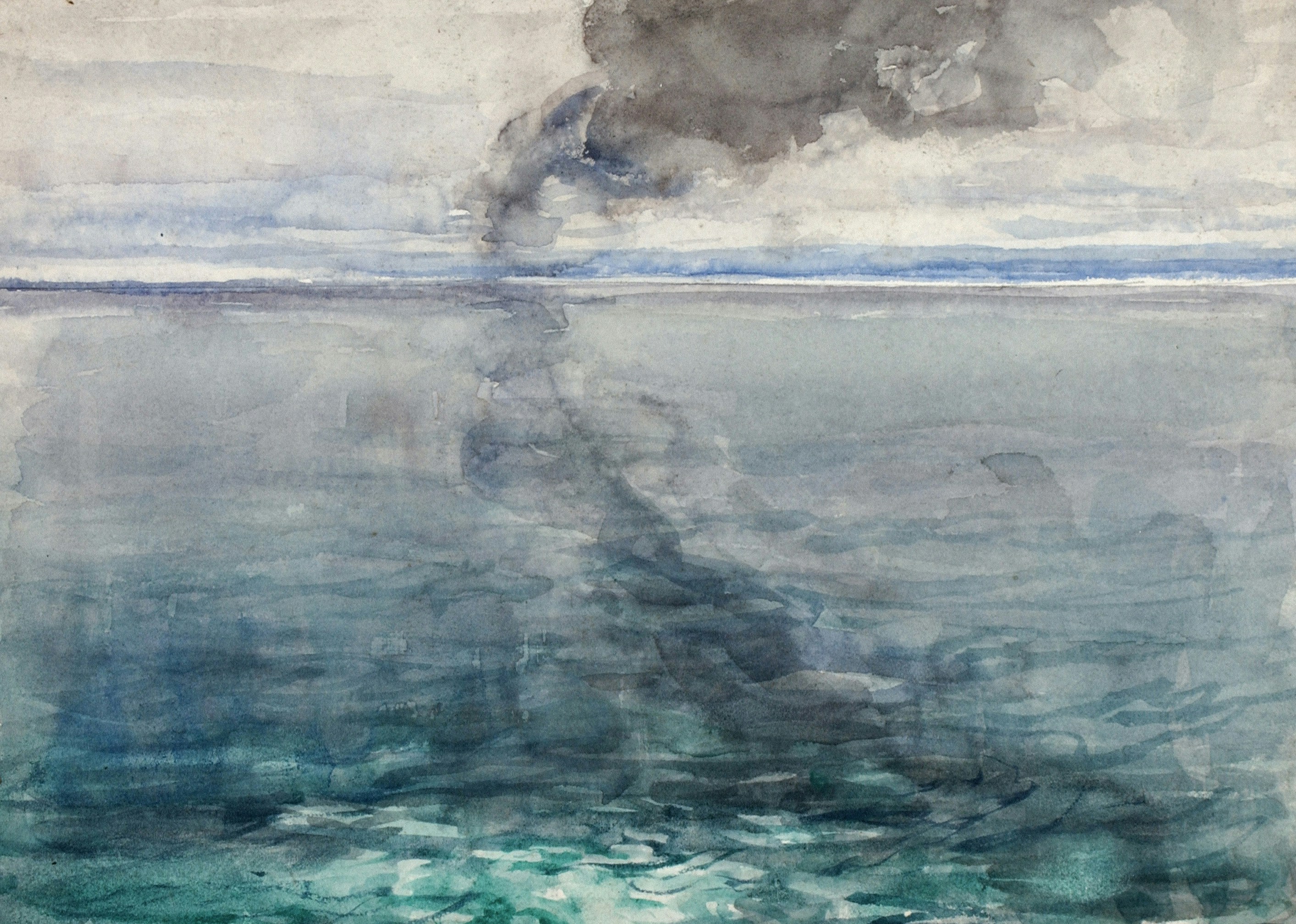 Soft, watercolor-like seascape with layered blues and greens blending into a pale horizon; abstract, likely a painting or print rather than a photo.
