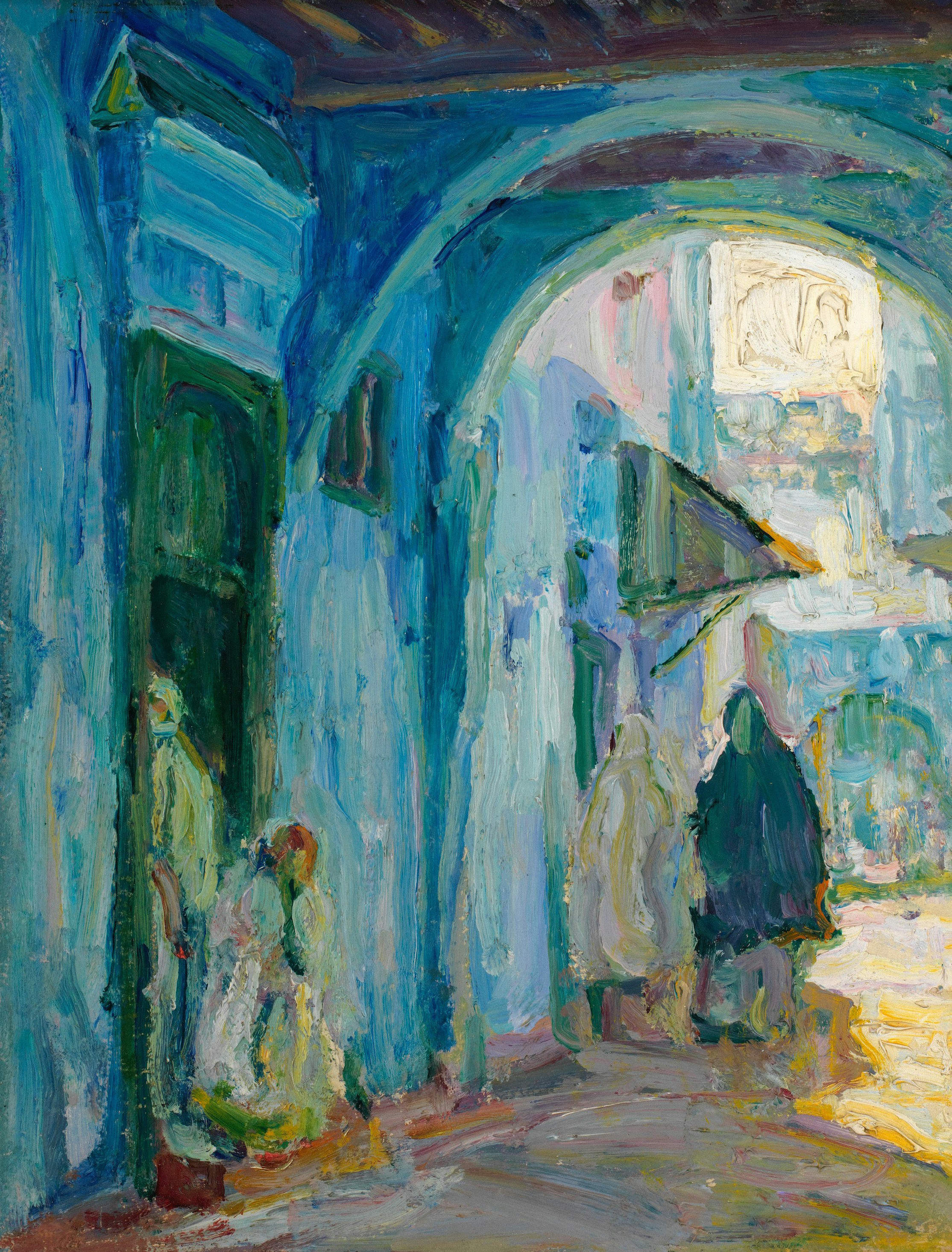 Colorful impressionistic painting of a narrow street under a blue arch, with pedestrians gathered along the walls and a doorway on the left; vibrant brushwork emphasizes mood and light.