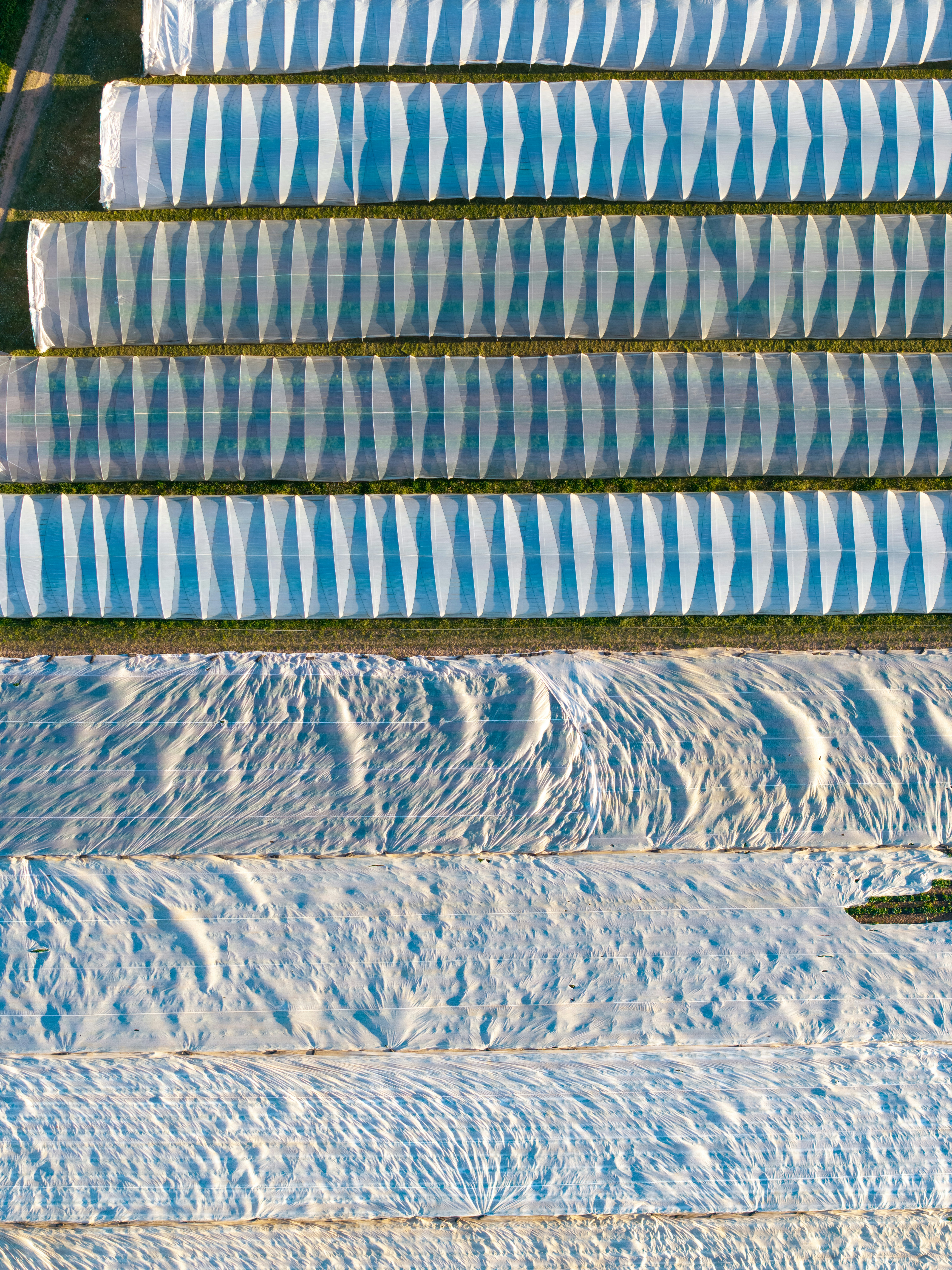 Layered Blue Dunes: Aerial Ribbons Over Snow-Topped Terraces