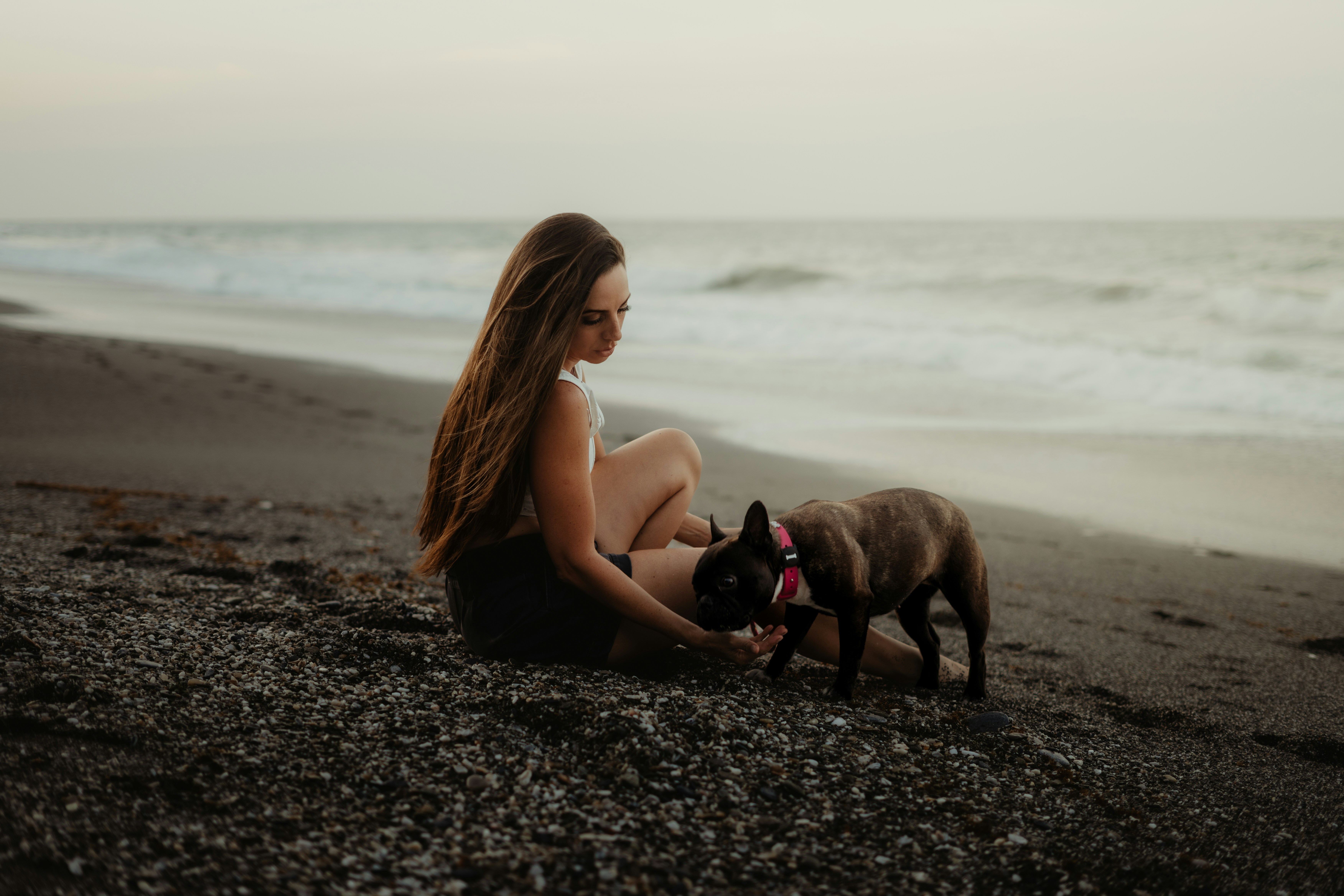 Beachside Bond: Woman and Dog in Quiet Dusk