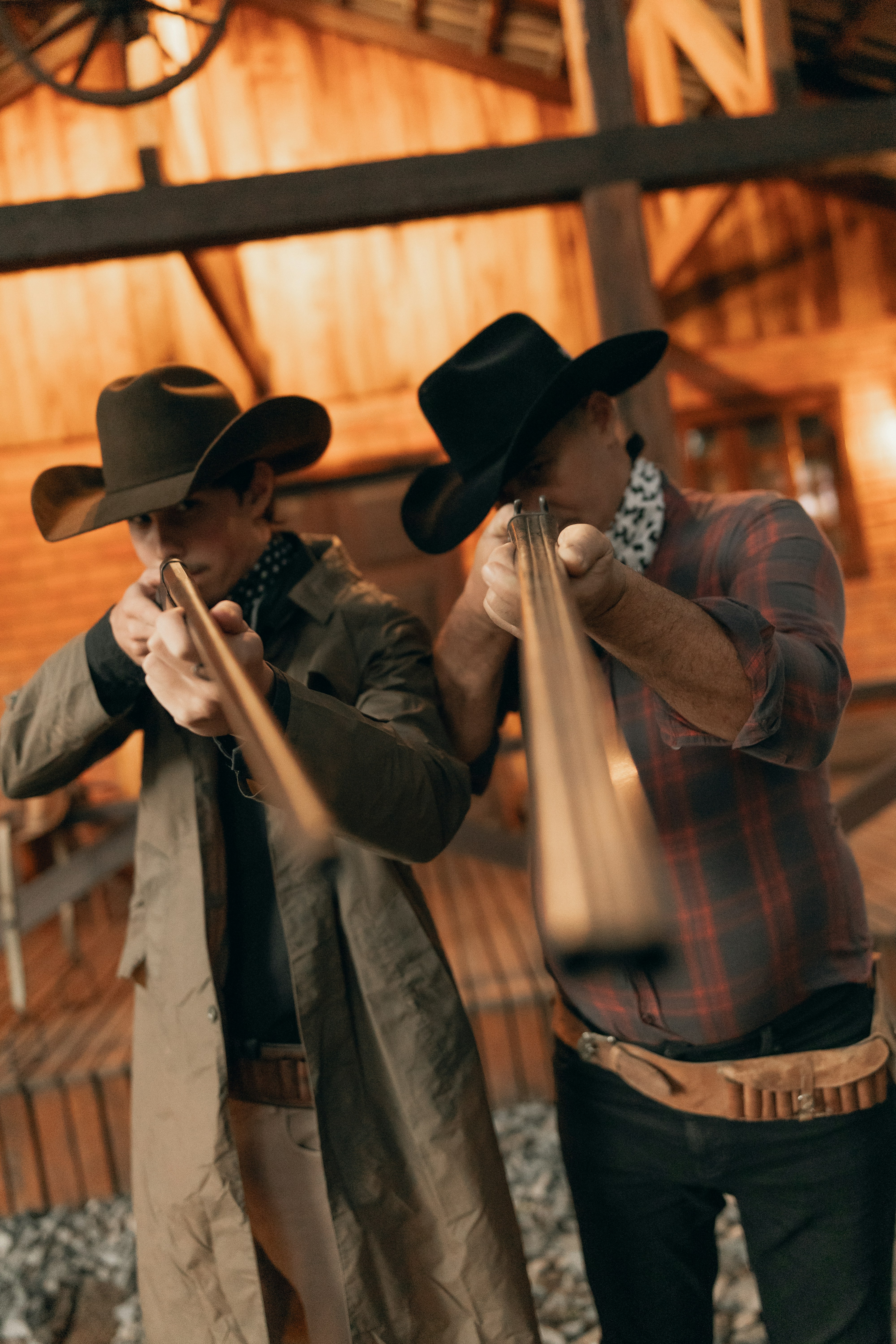 Crosshair in a Wooden Duel: Dual Cowboys Aiming Down the Barrel
