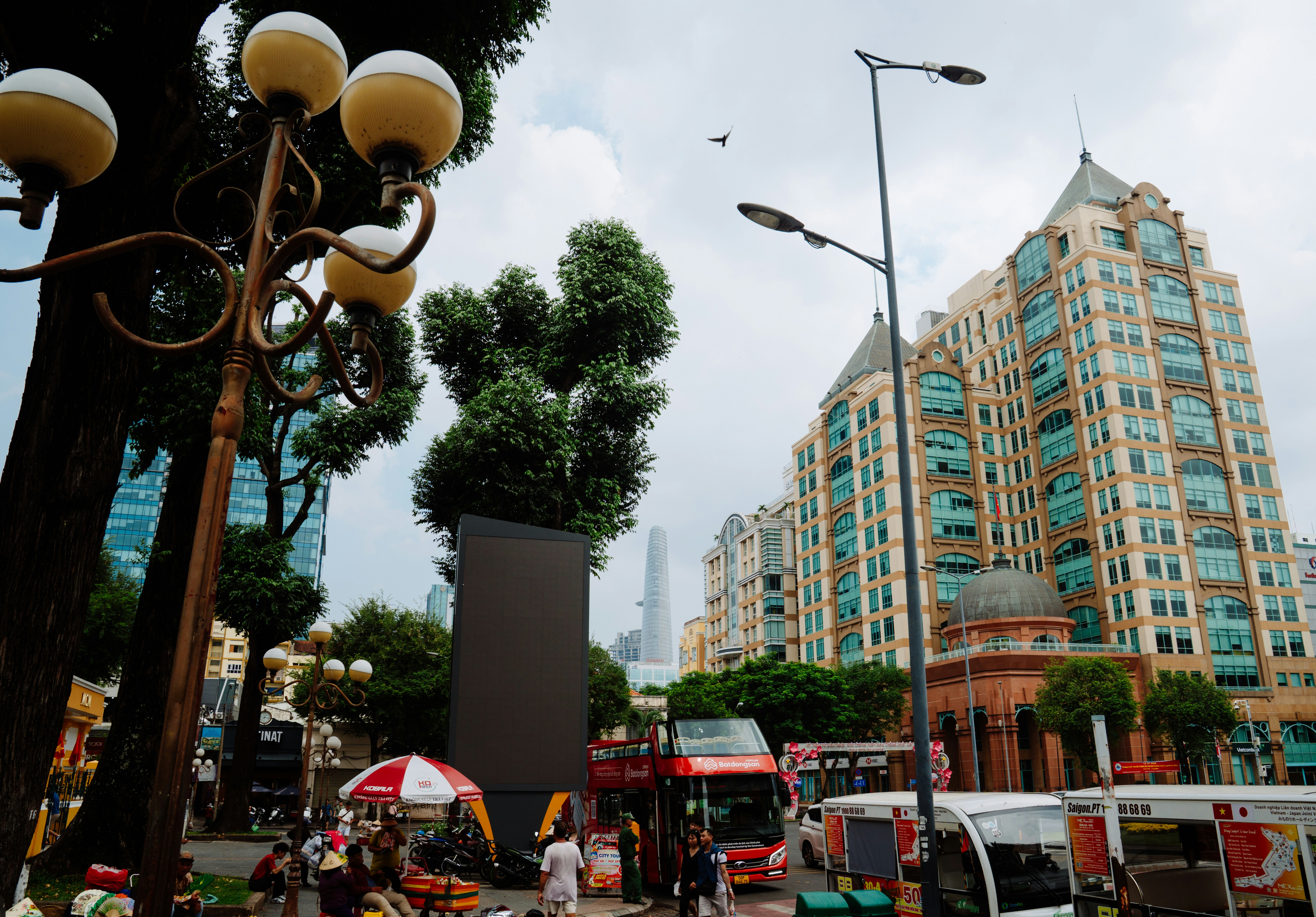 Urban Orchard: Street Scene Under a Modern Skyline