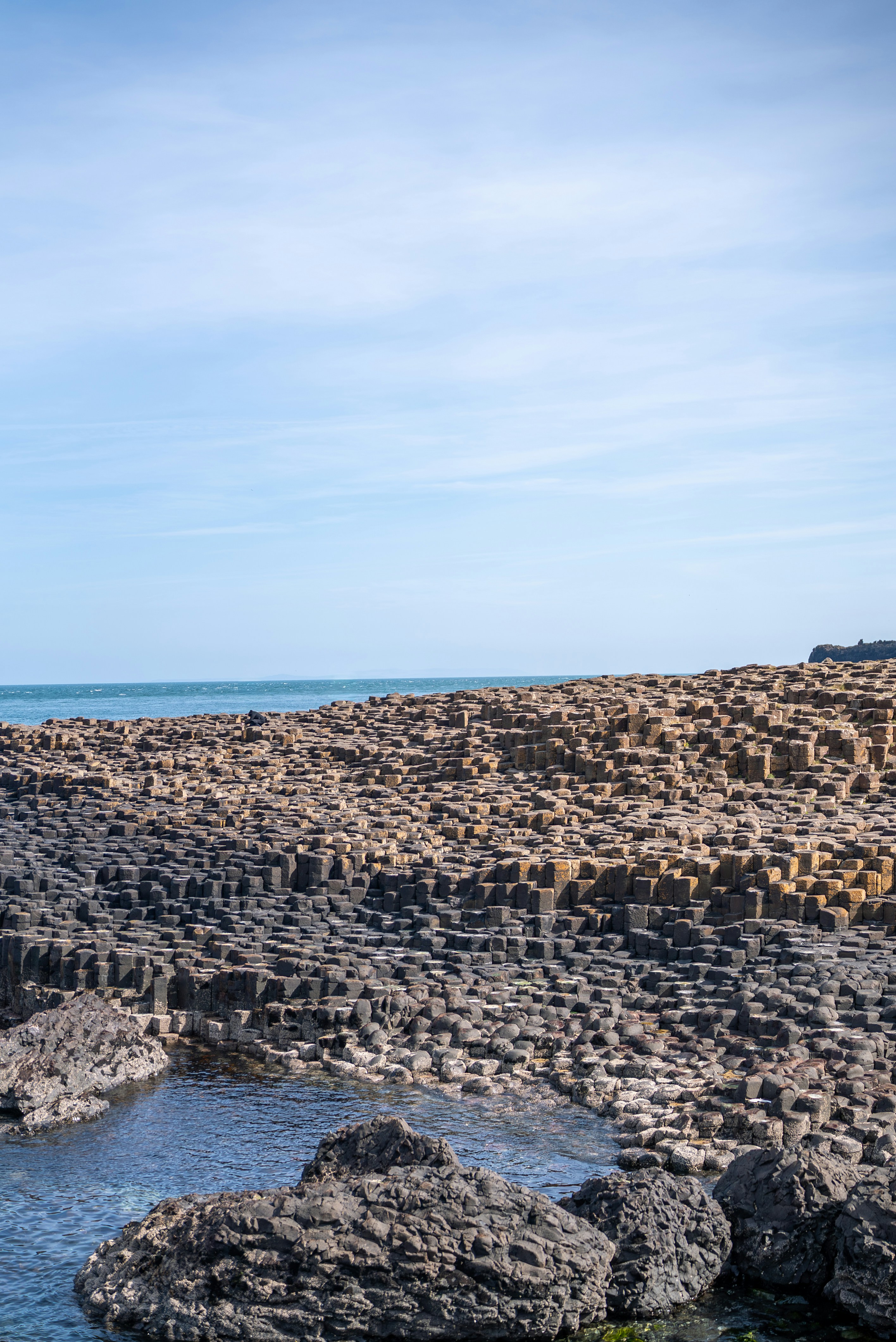 Geometric Coast: Basalt Columns Stretch Along a Quiet Sea