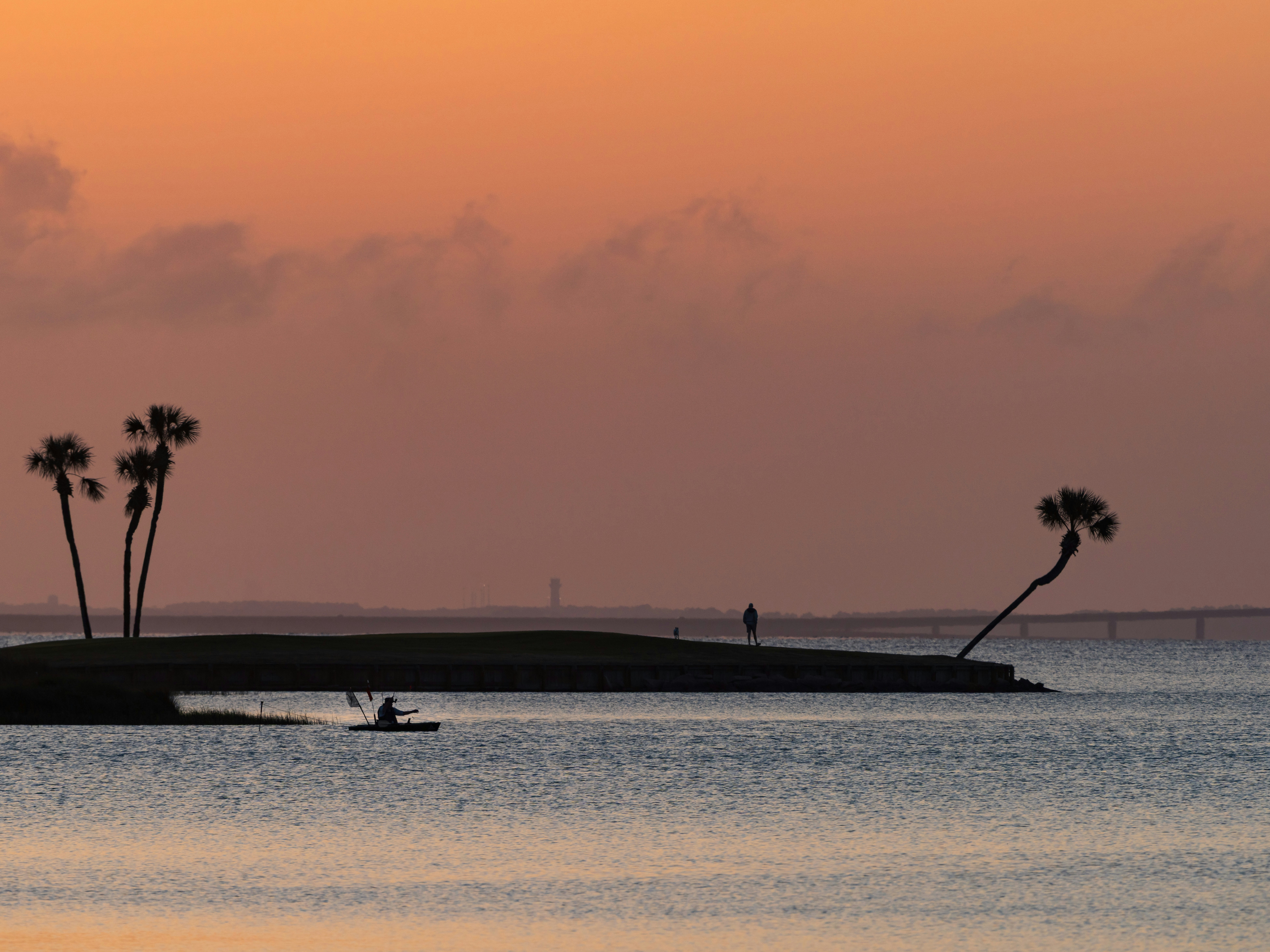 Sunset Harbor: A Lone Silhouette on a Palm-Fringed Pier