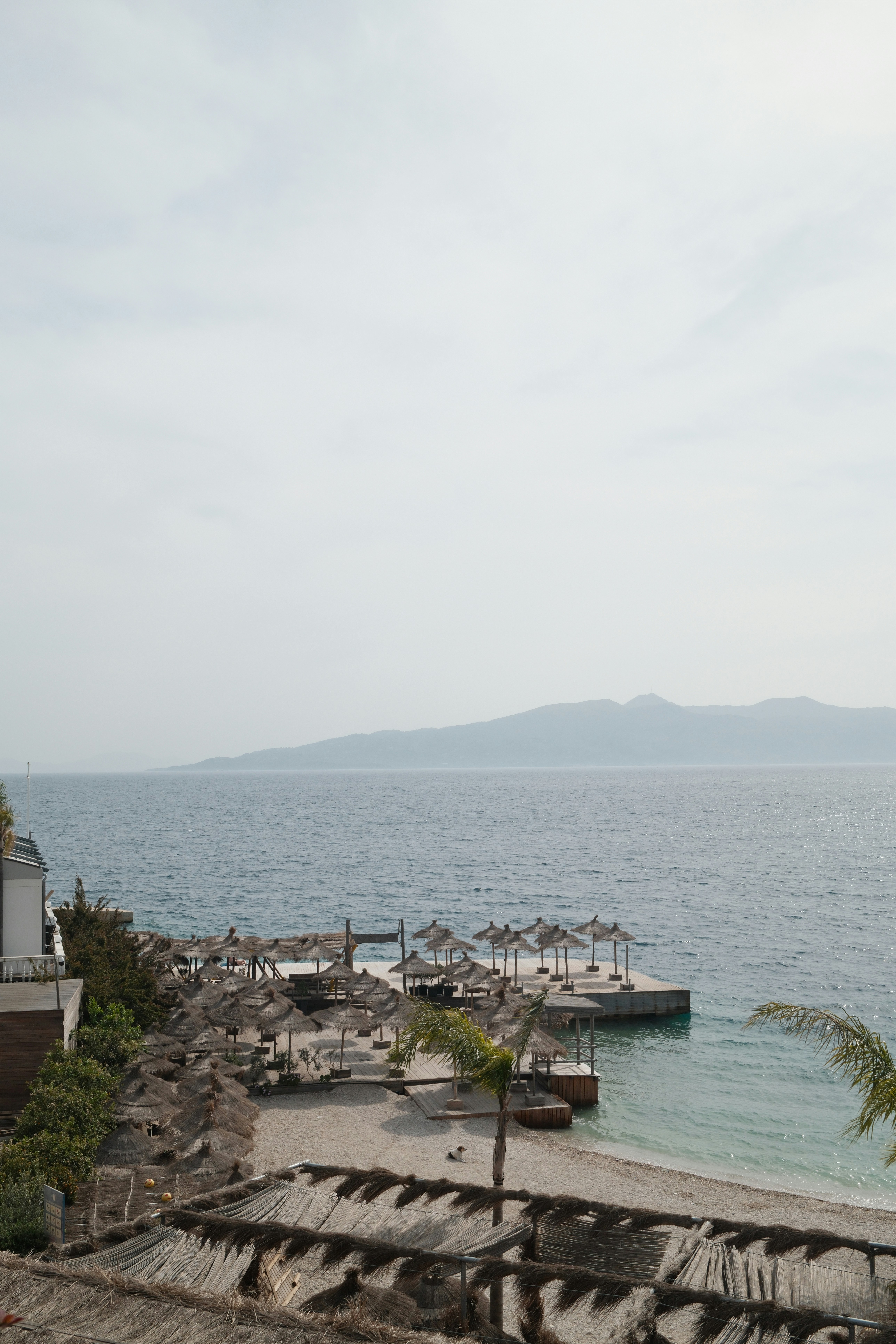 Seaside Terrace: Sunlit Beachfront with Lounging Palms and Distant Mountain Isthmus