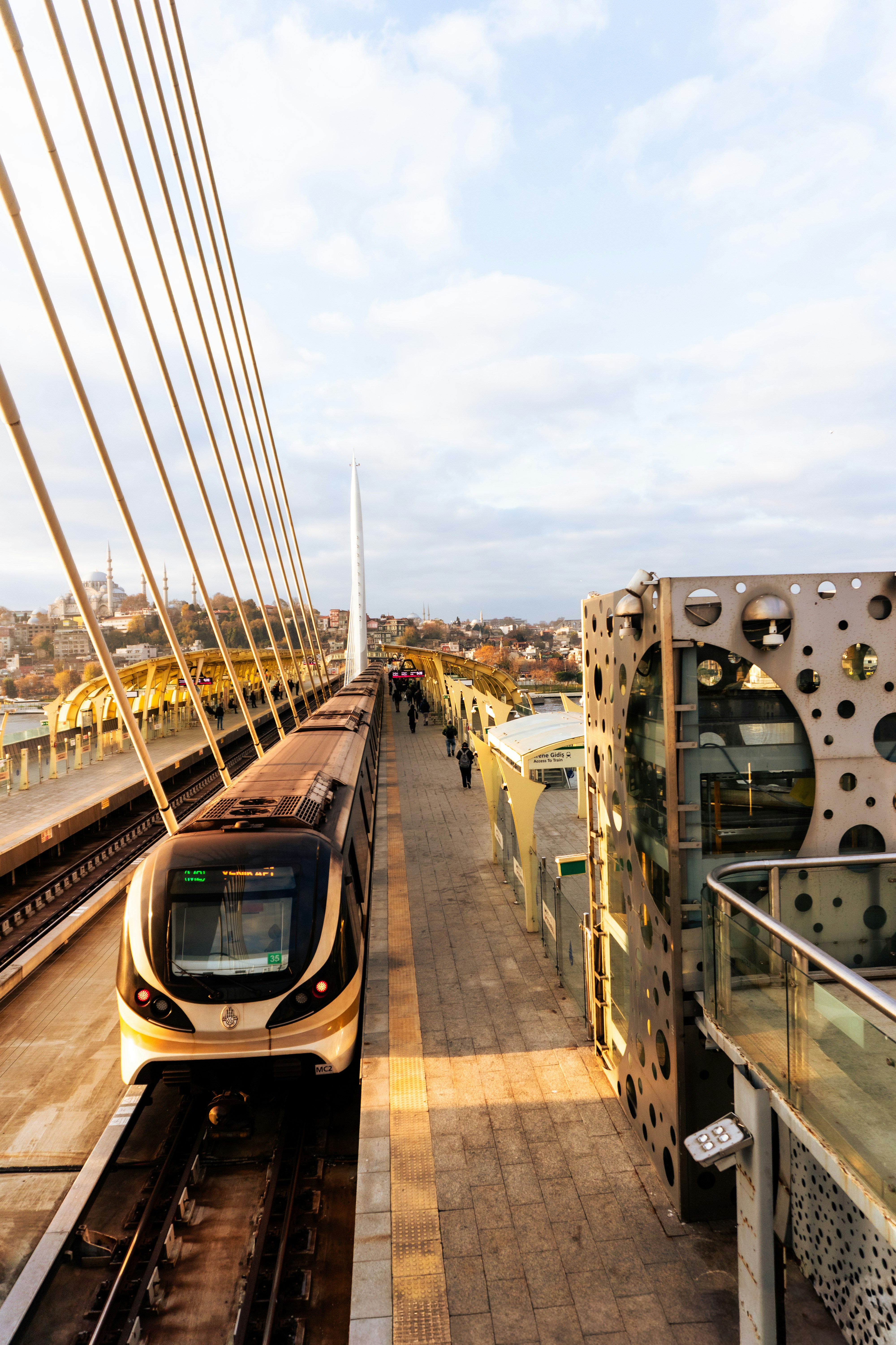 Golden Hour Commute Across a Modern Bridge