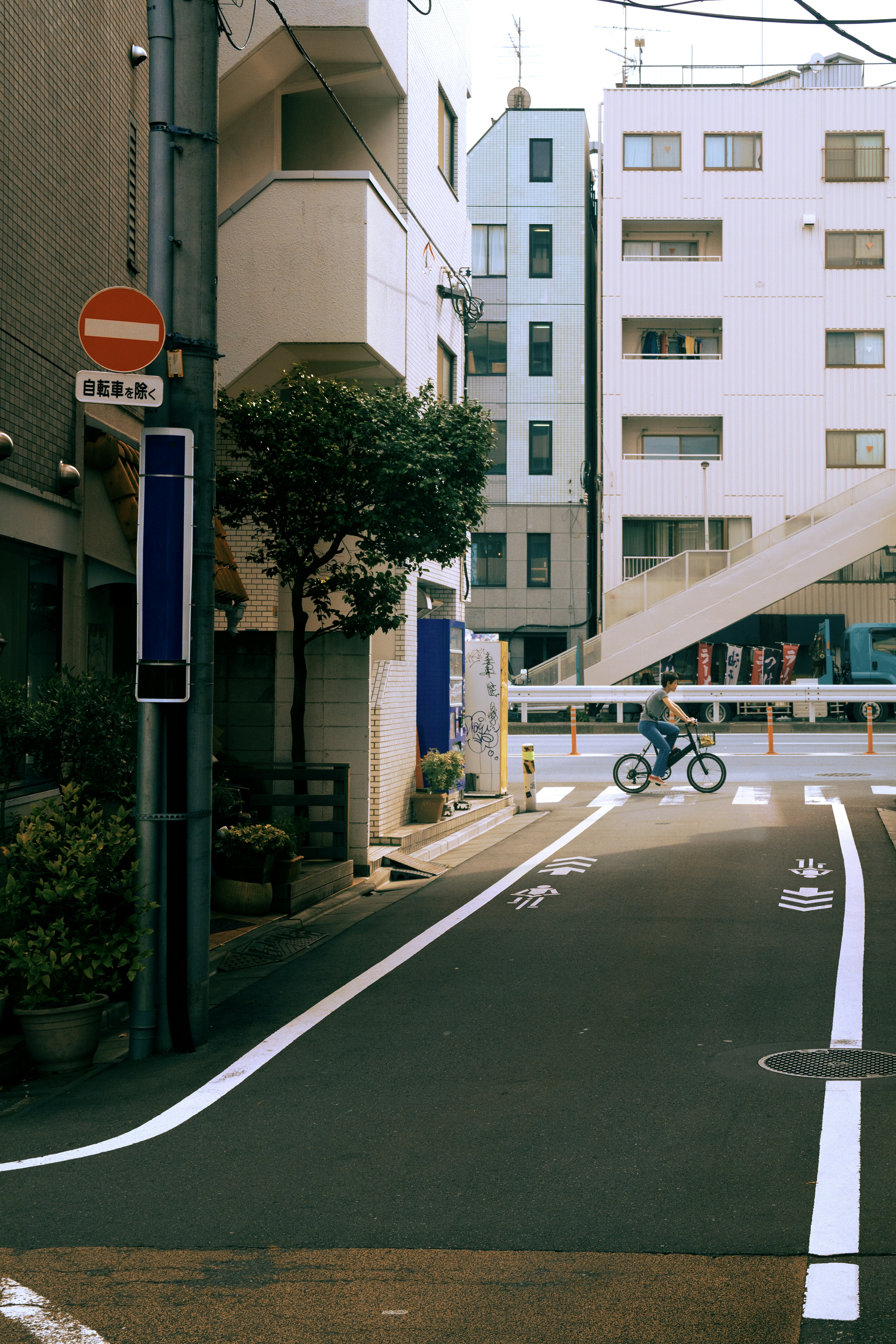 Urban Corridor: A Cyclist Passes Beneath a Quiet Overpass