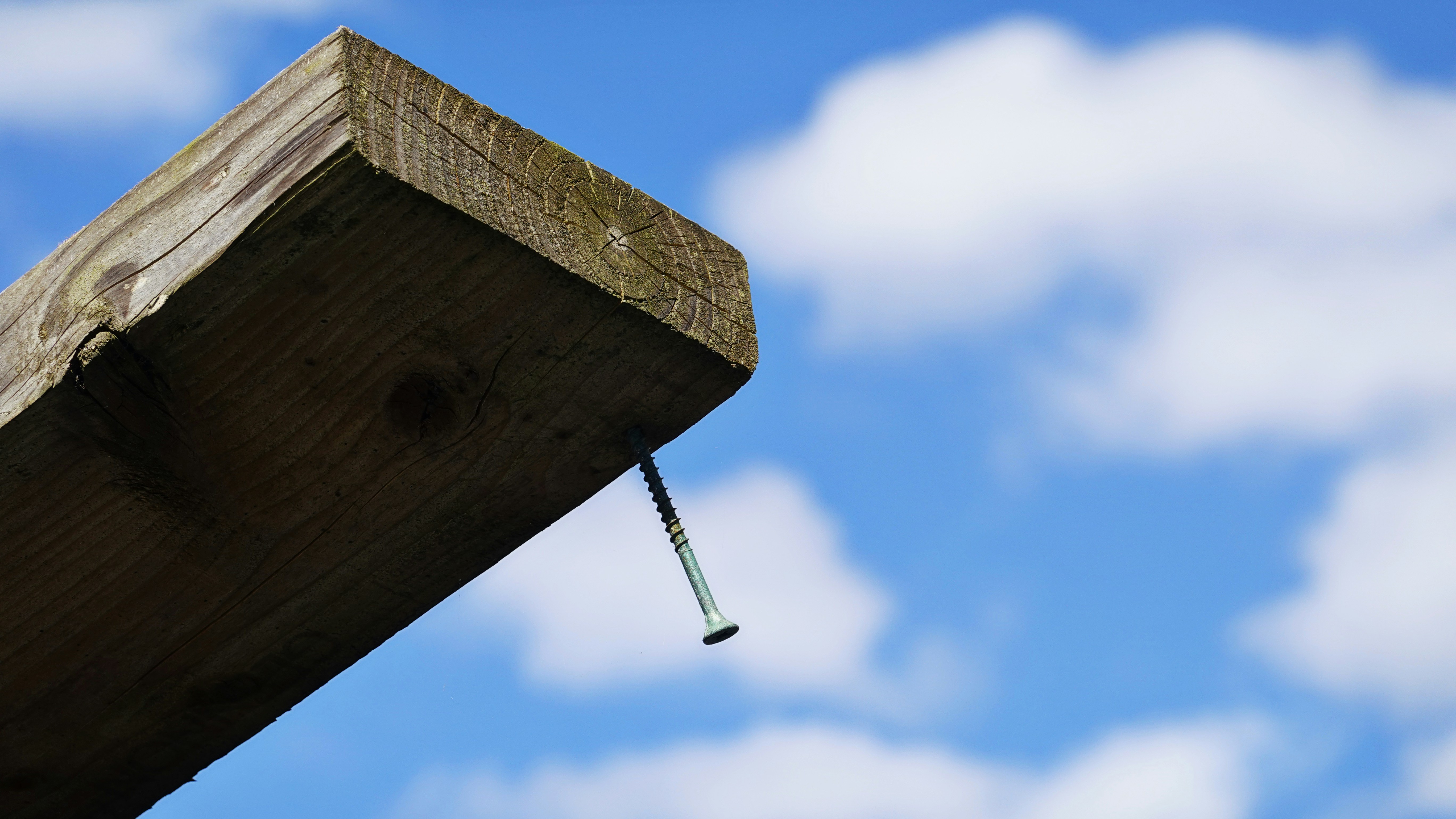 A lone wood plank with a single nail against a bright sky
