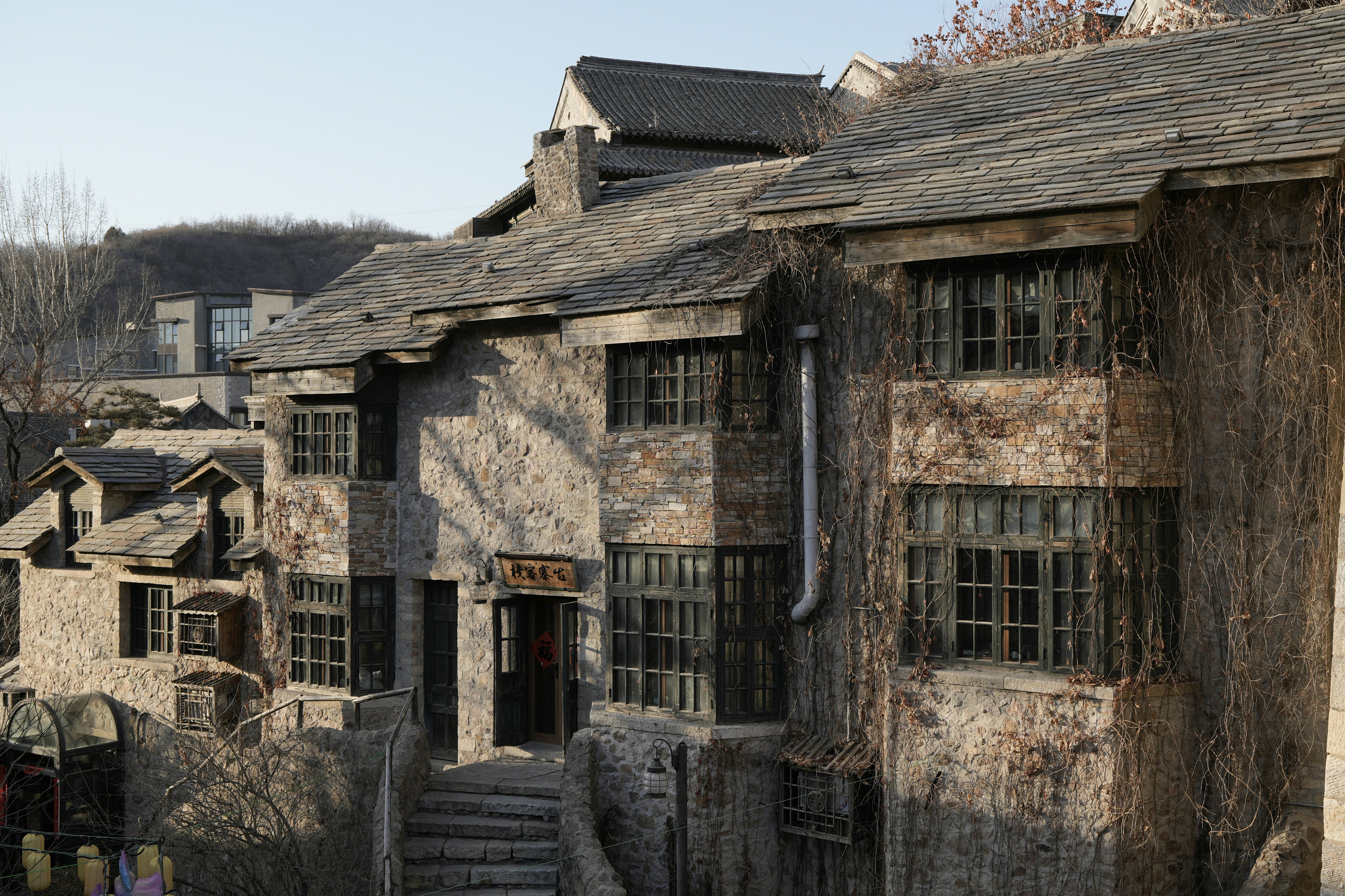 Old Stone Row: Weathered Facades and Ivy-Covered Roofs
