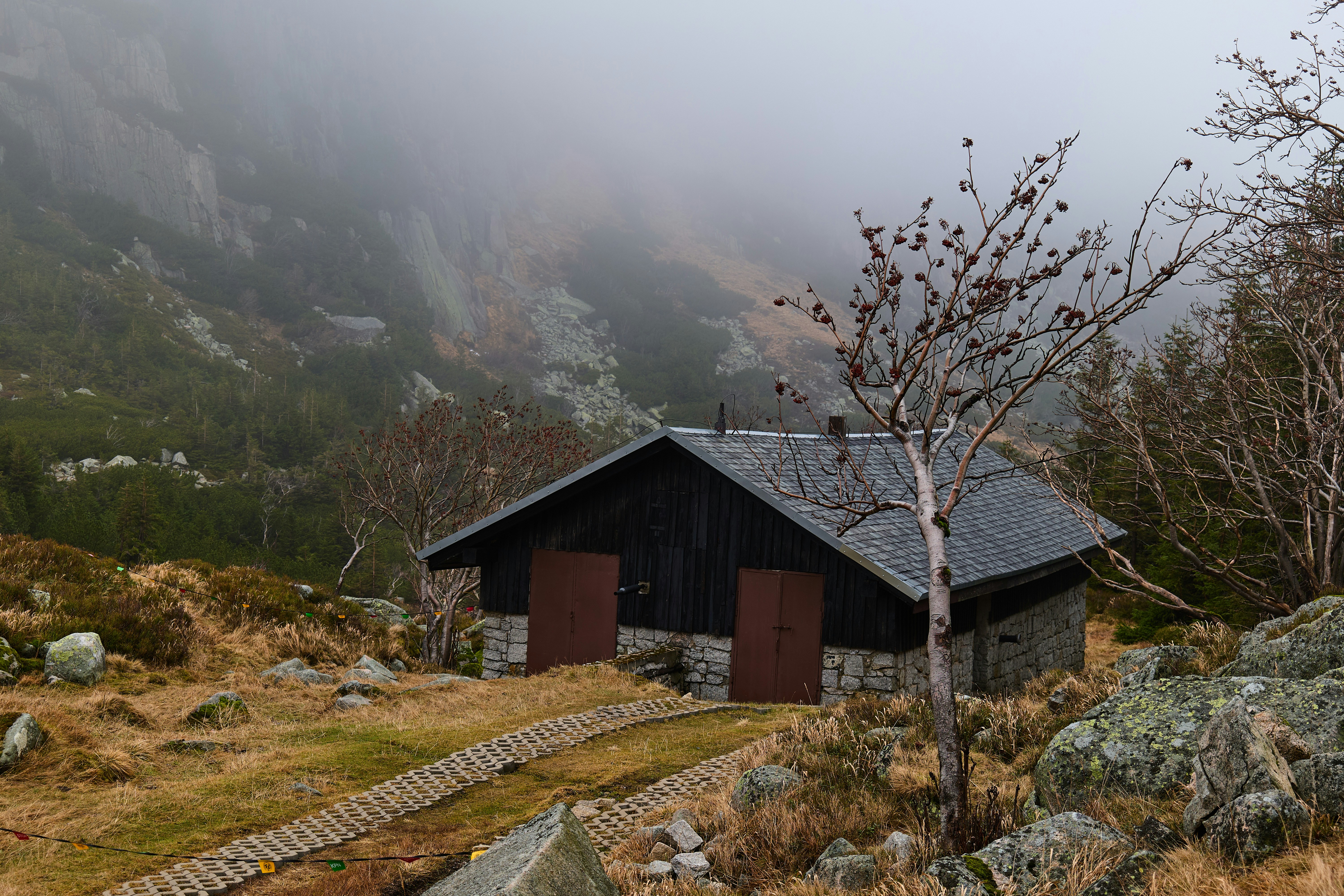 Mountain Shelter in Mist: A Quiet Refuge Beyond the Path
