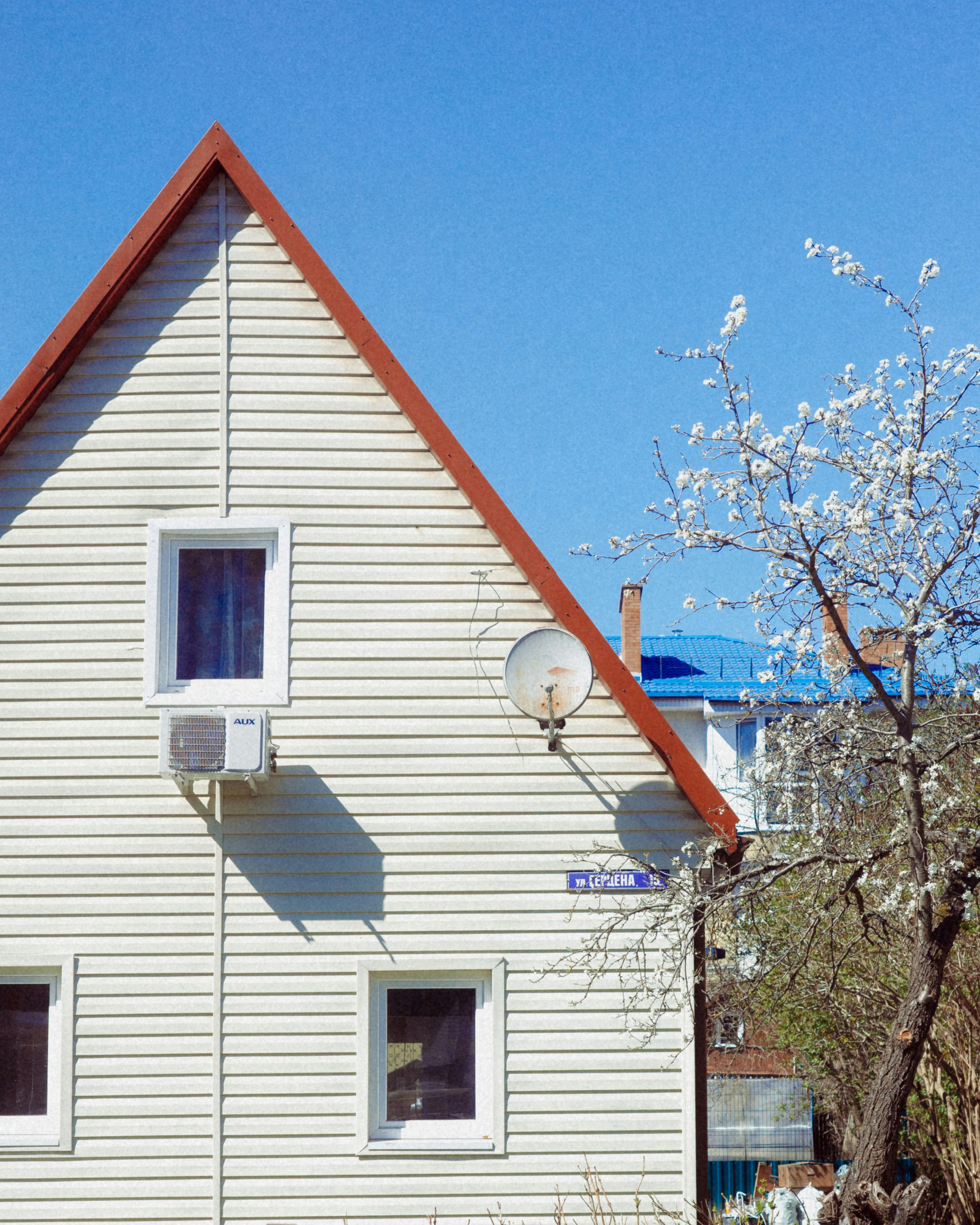 Axe-roofed House Under a Clear Blue Sky with Blooming Tree