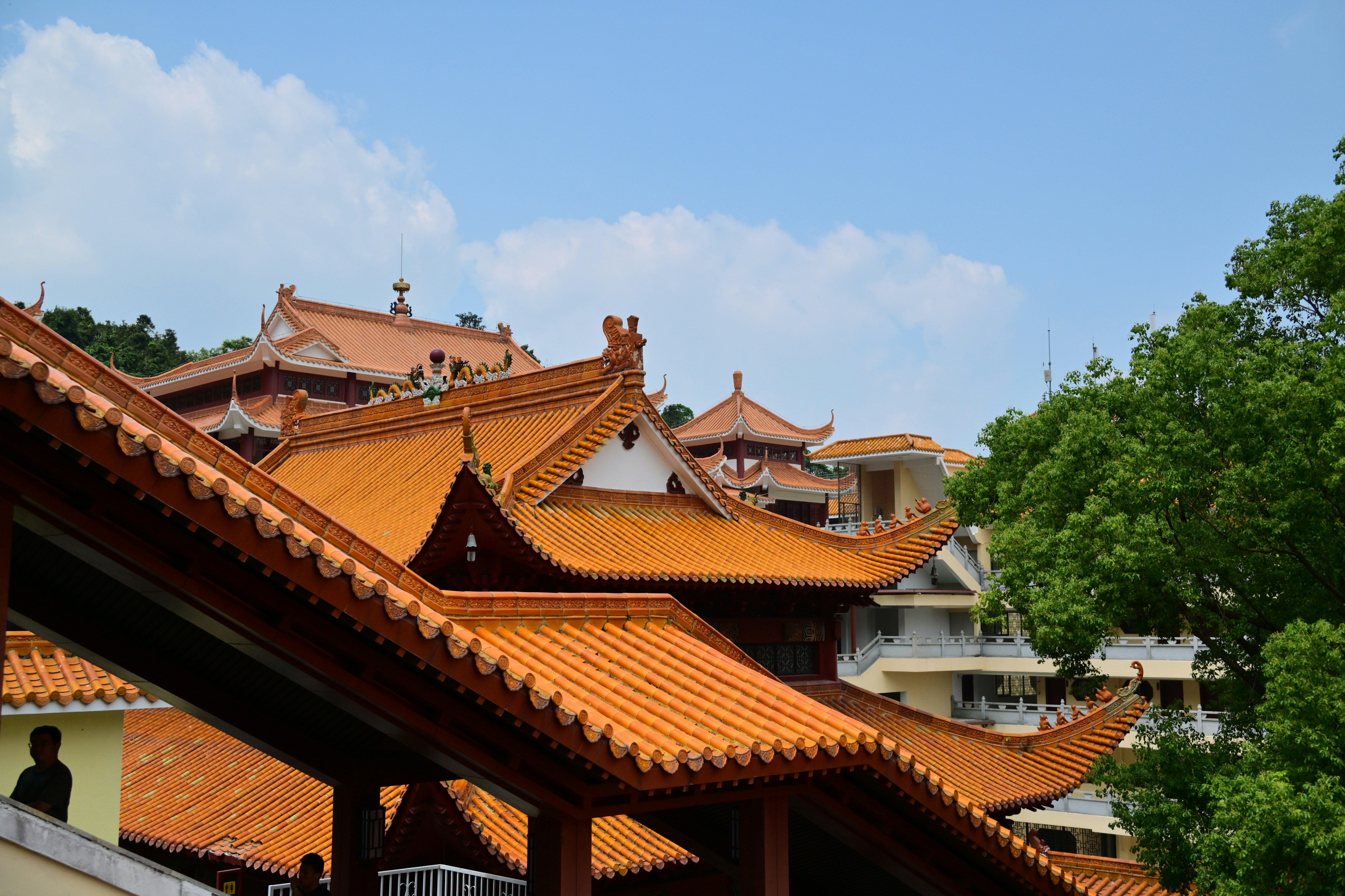 Orange-tiled temple roofs under a blue sky