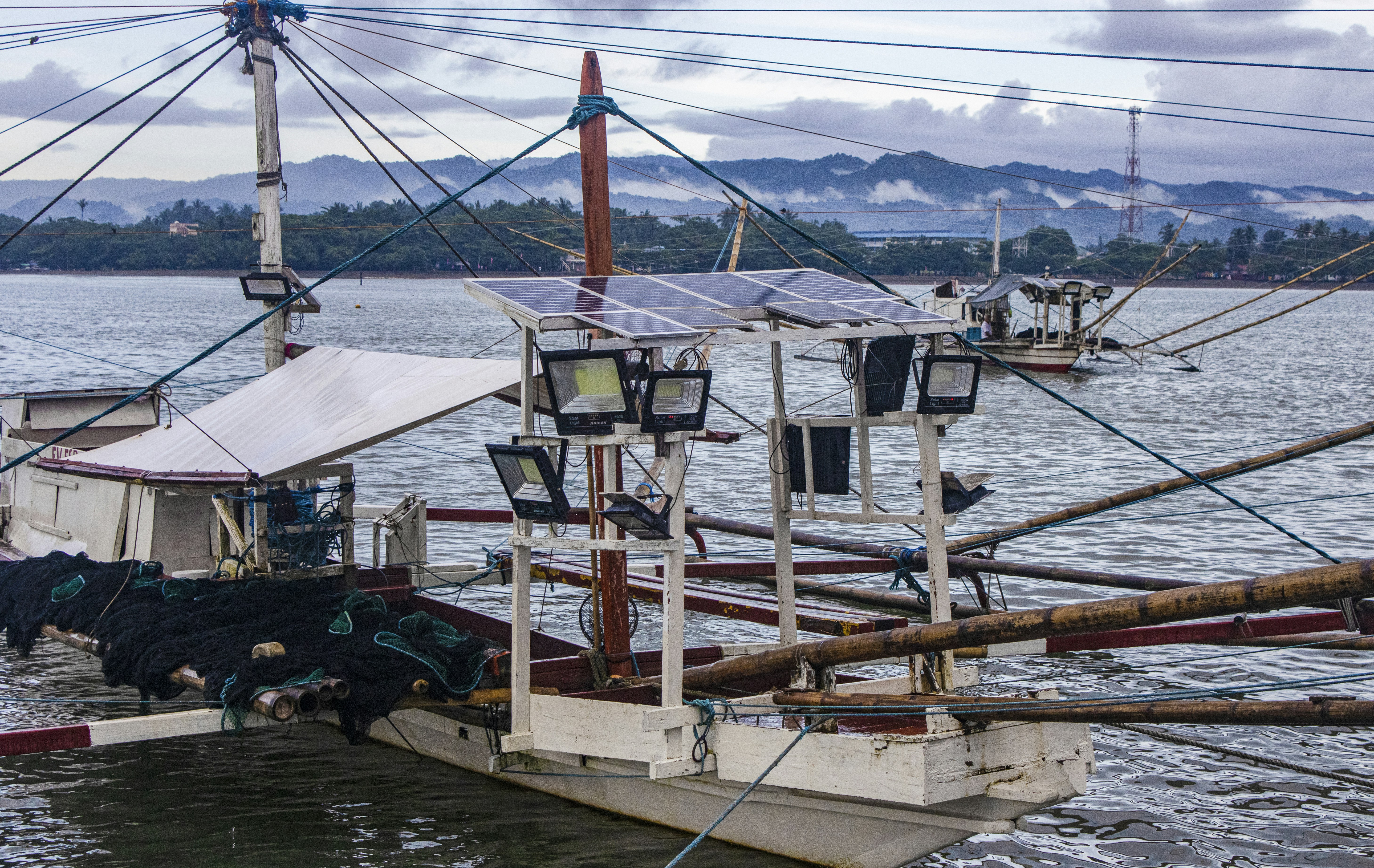 Working Boat at the Dock: Solar-Powered Lights and Net Gear