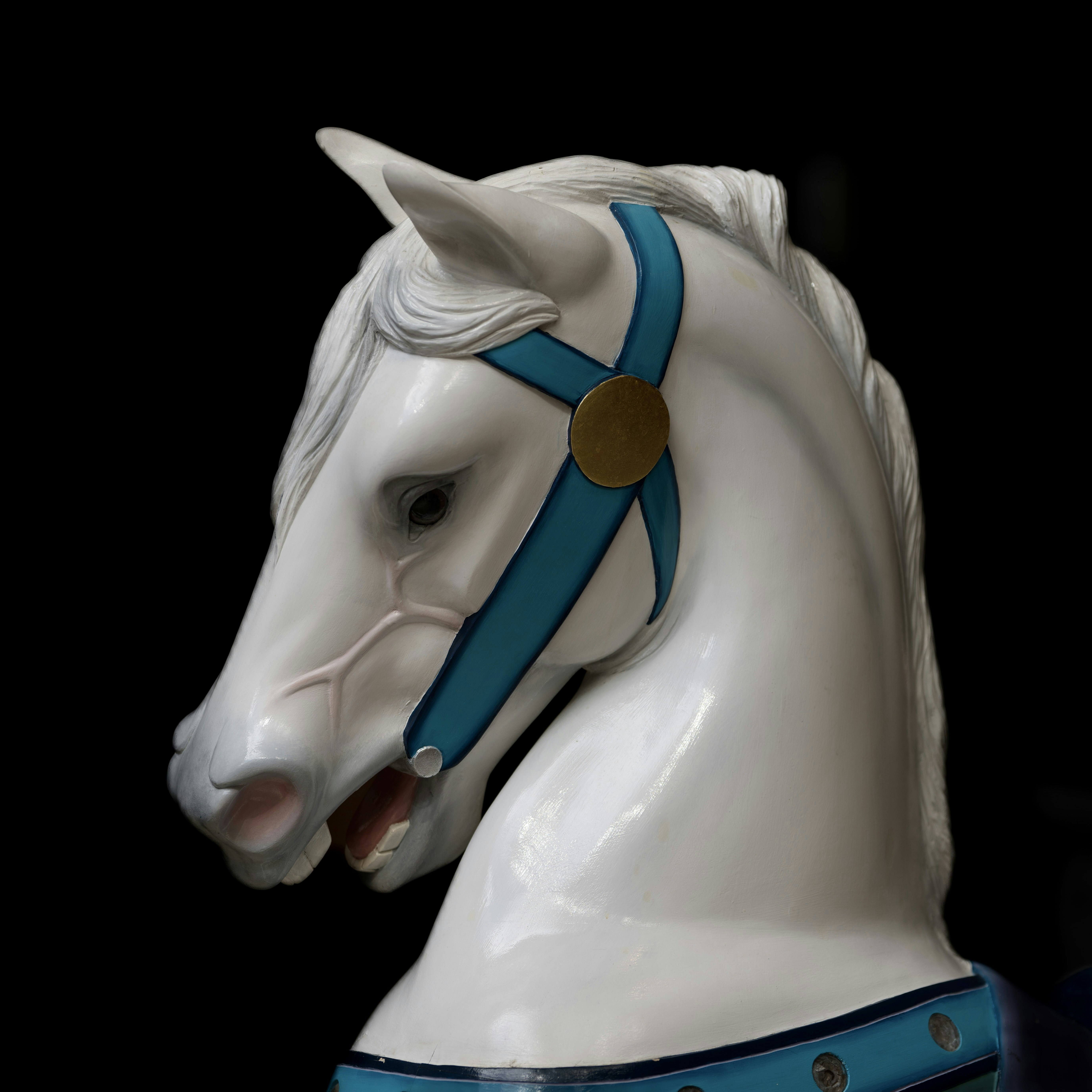 A glossy carousel steed: close-up of a white horse head with teal bridle against a black backdrop