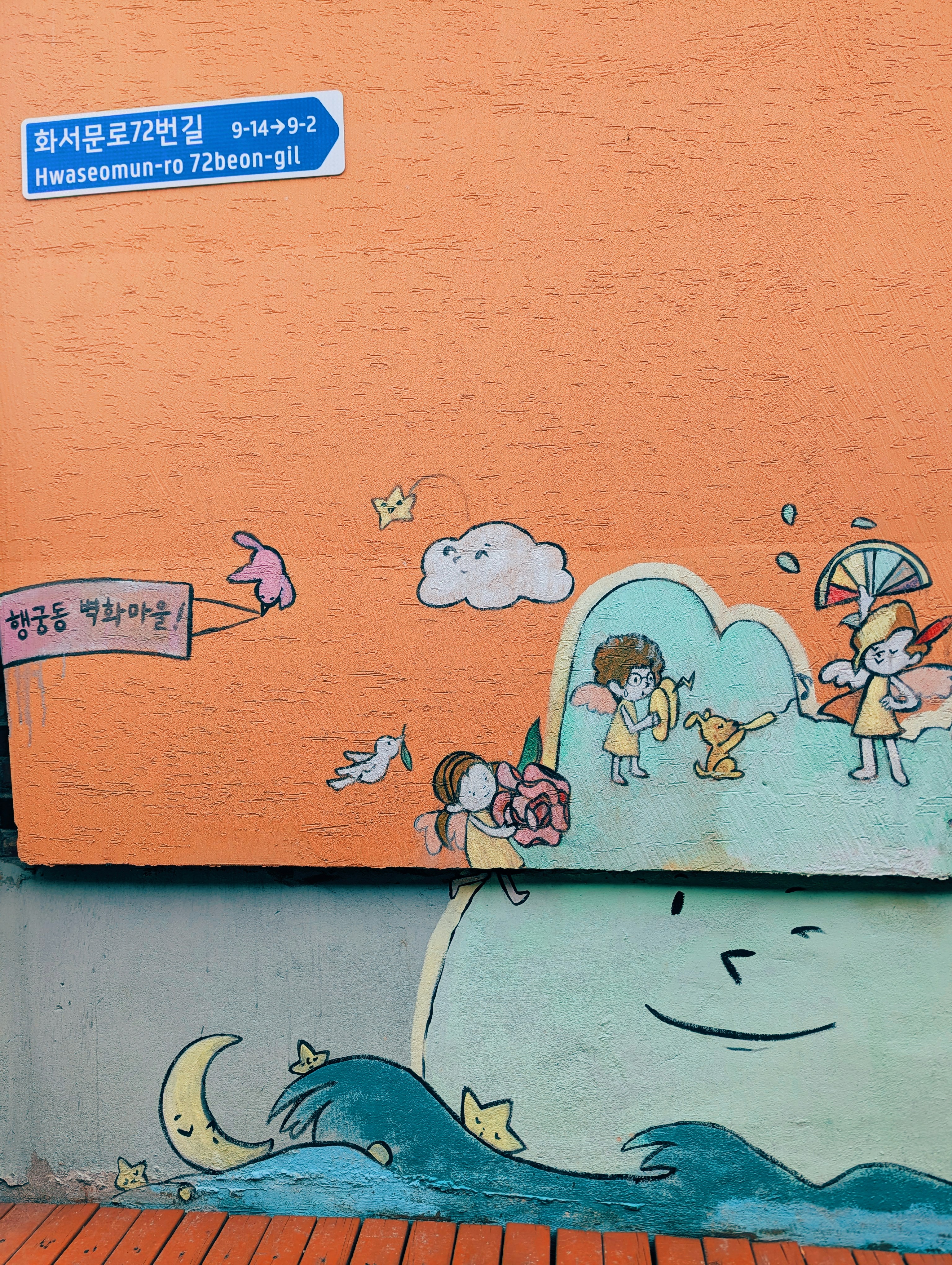 Whimsical Orange Wall with Sea-Cloud Mural and Group of Tiny Characters