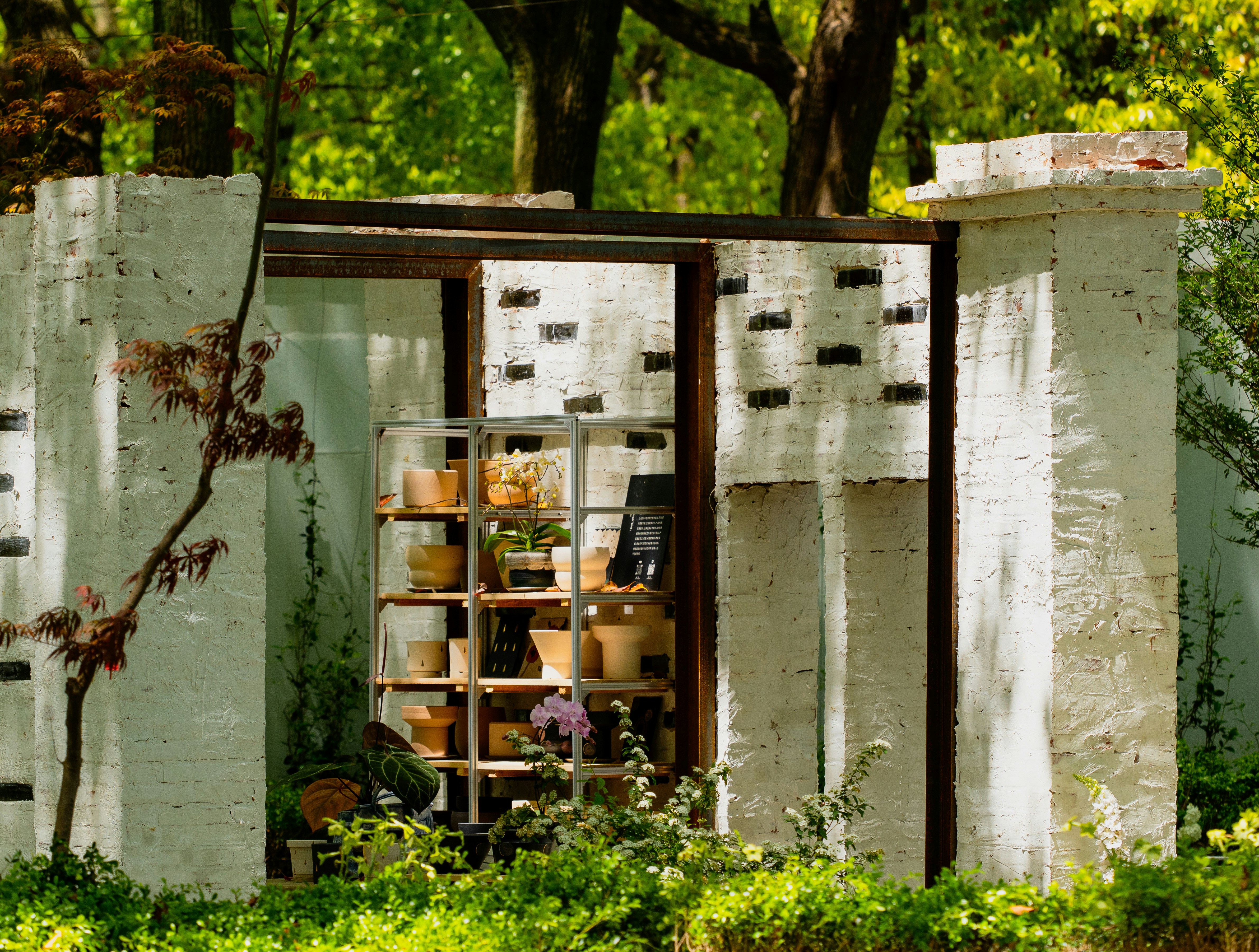 Hidden still life: a doorway into a garden of ceramic shelves