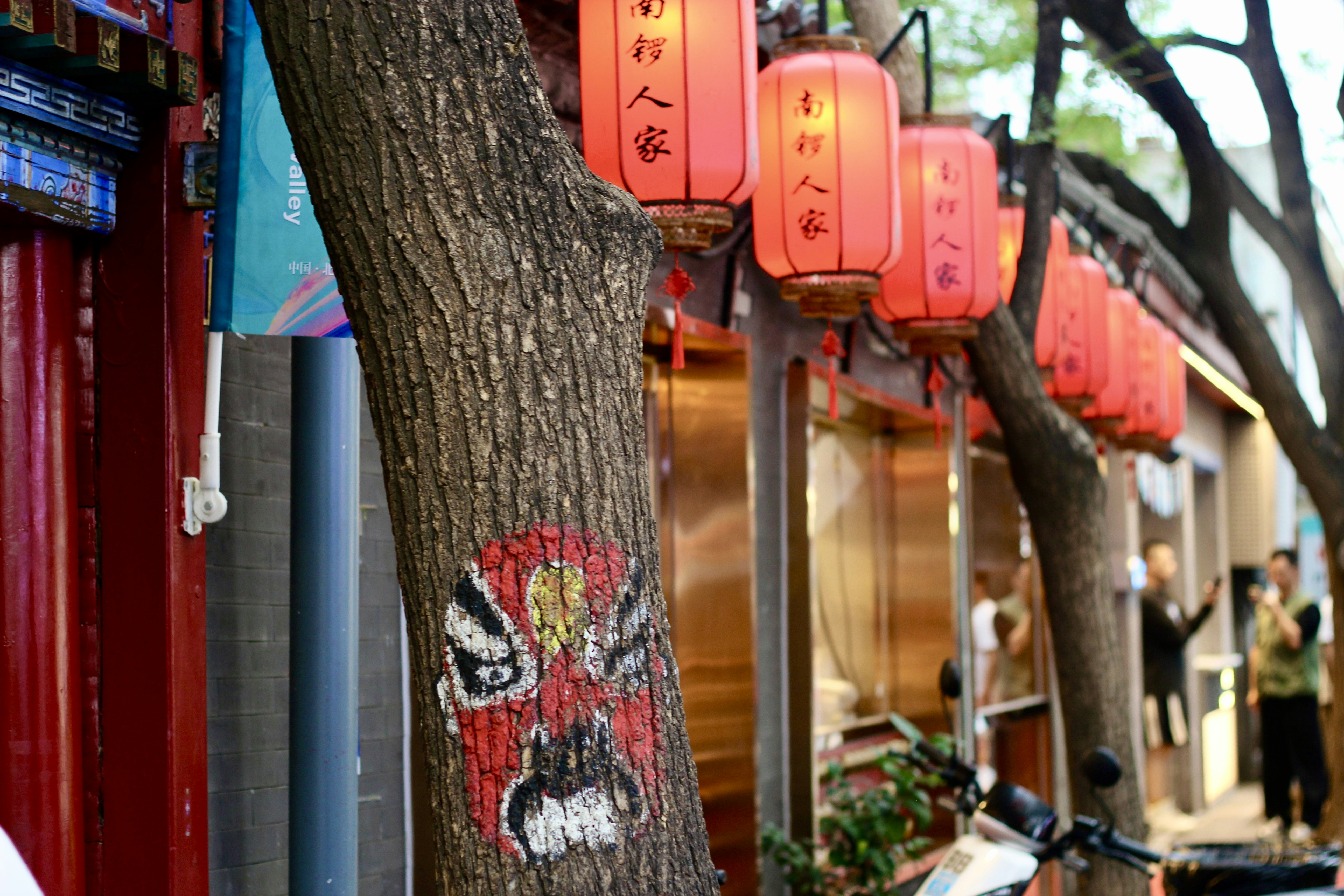 Red Lanterns and Painted Tree: Urban Alleyway in Soft Evening Light