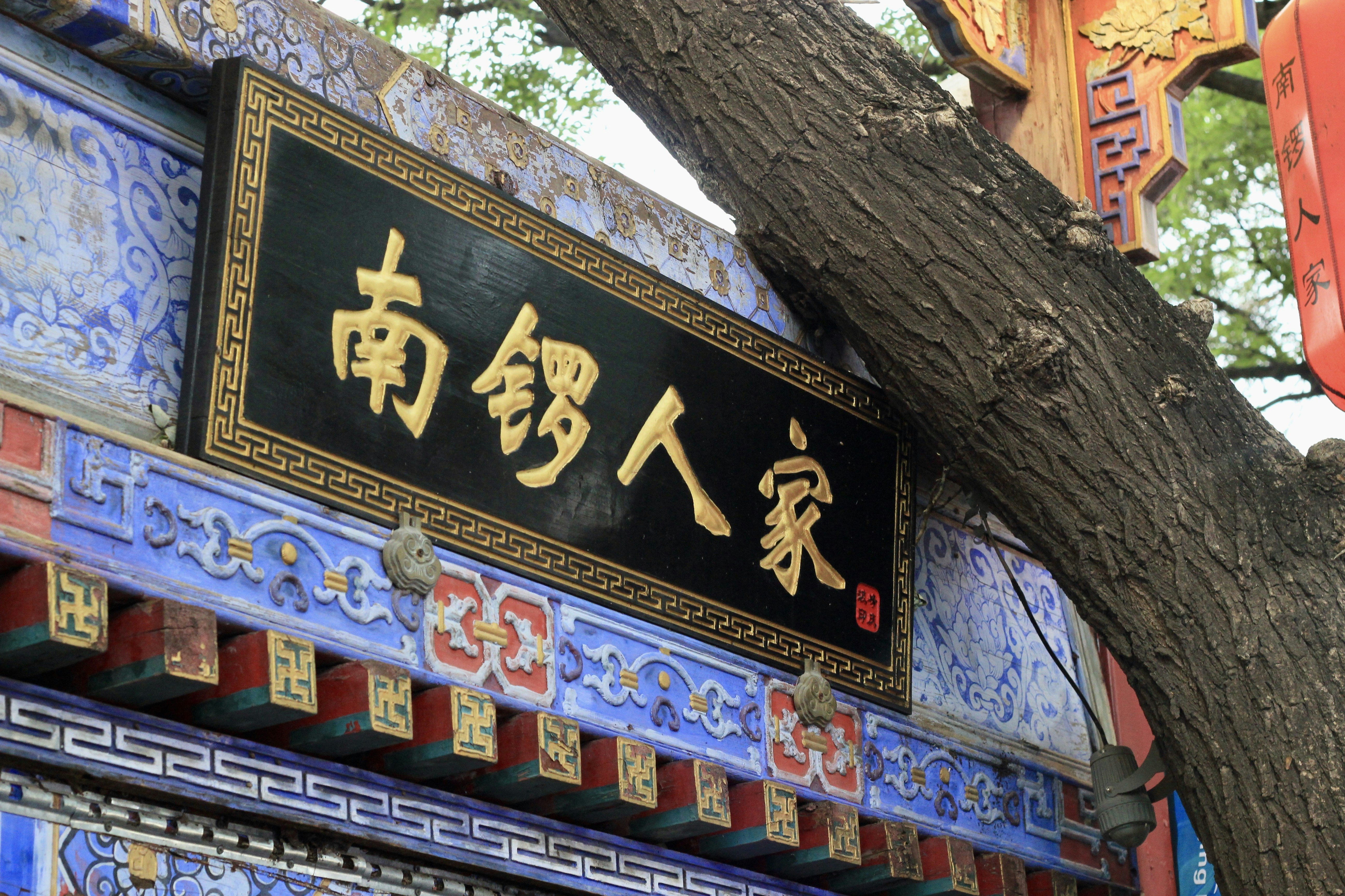 Ancient Chinese Plaque Framed by Tree and Carved Timber